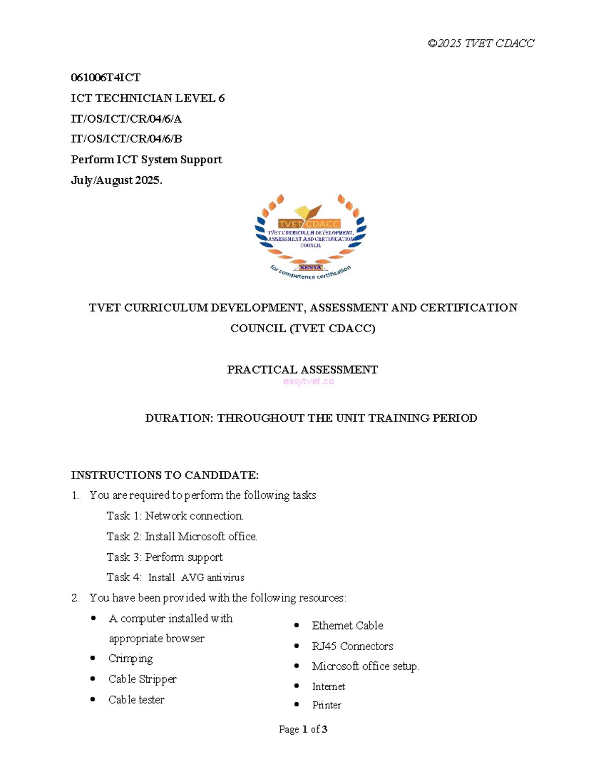 TVET CDACC 061006T4ICT ICT Technician Level 6 Support Practical 2025 ...