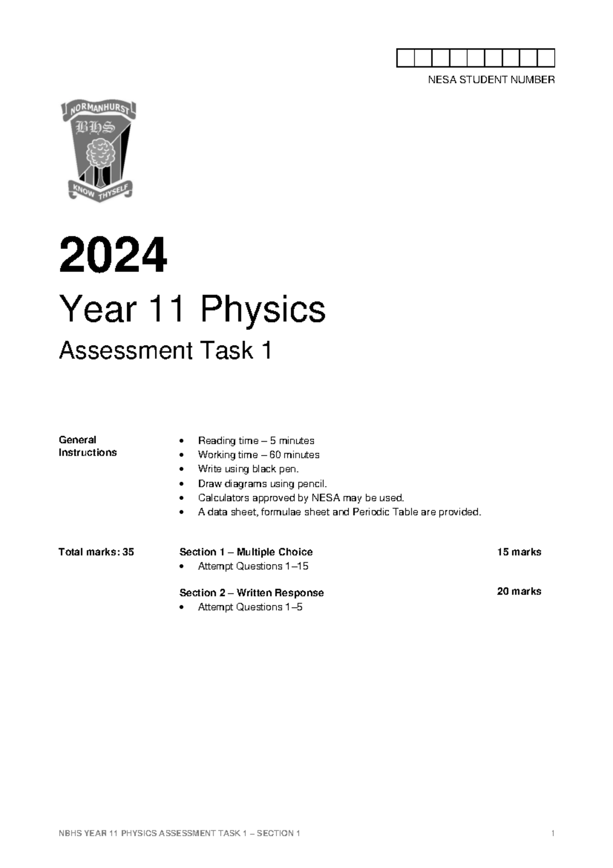 2024 Year 11 Physics Assessment Task 1 - General Instructions ...