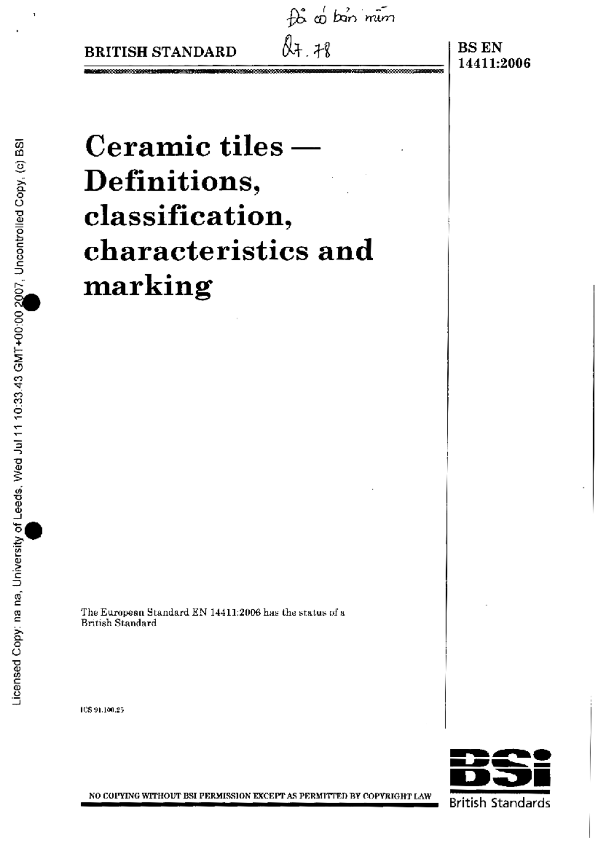 BS EN 14411:2006 Ceramic Tiles - Definitions and Classifications - Studocu