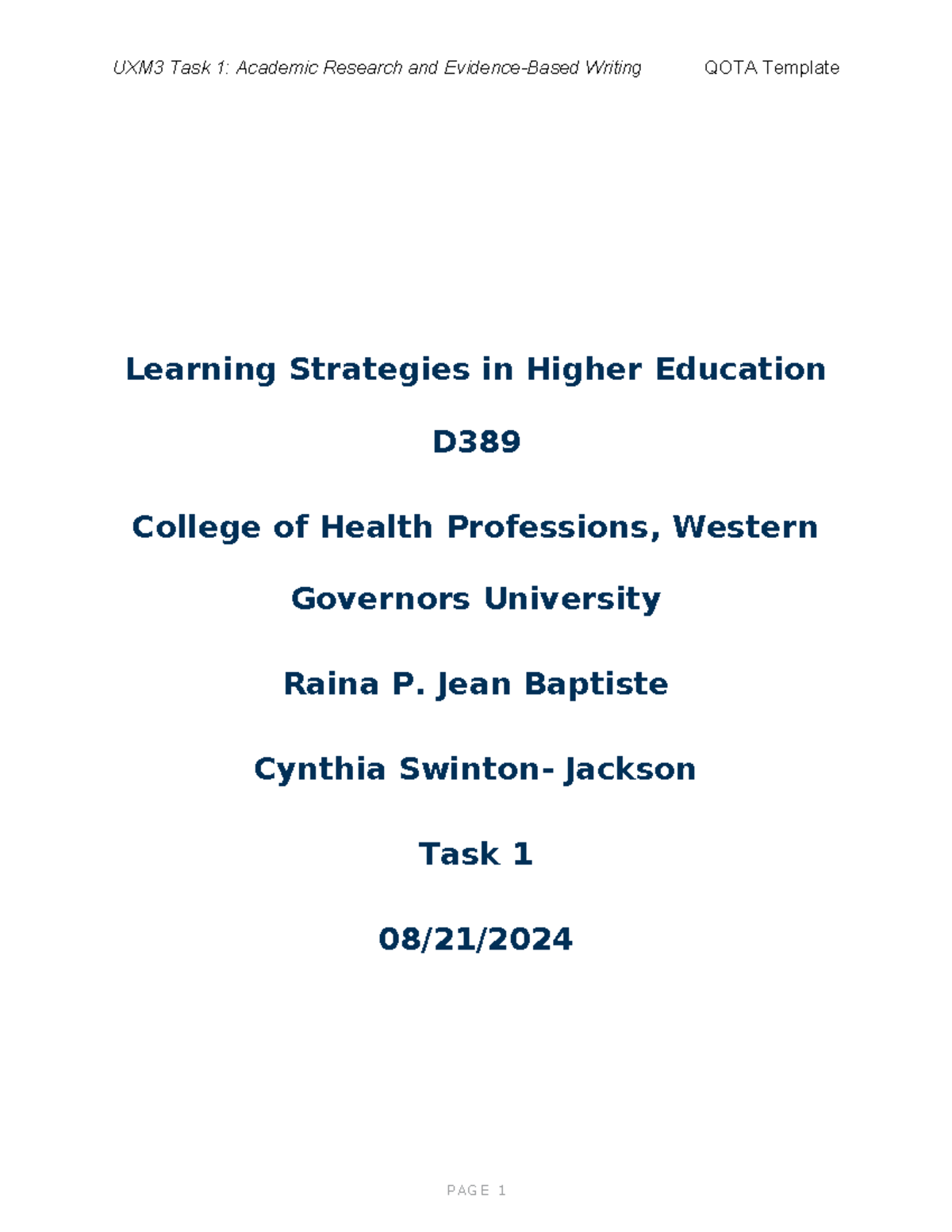 UXM3 D389 Task 1: Academic Research & Writing QOTA Template - Studocu