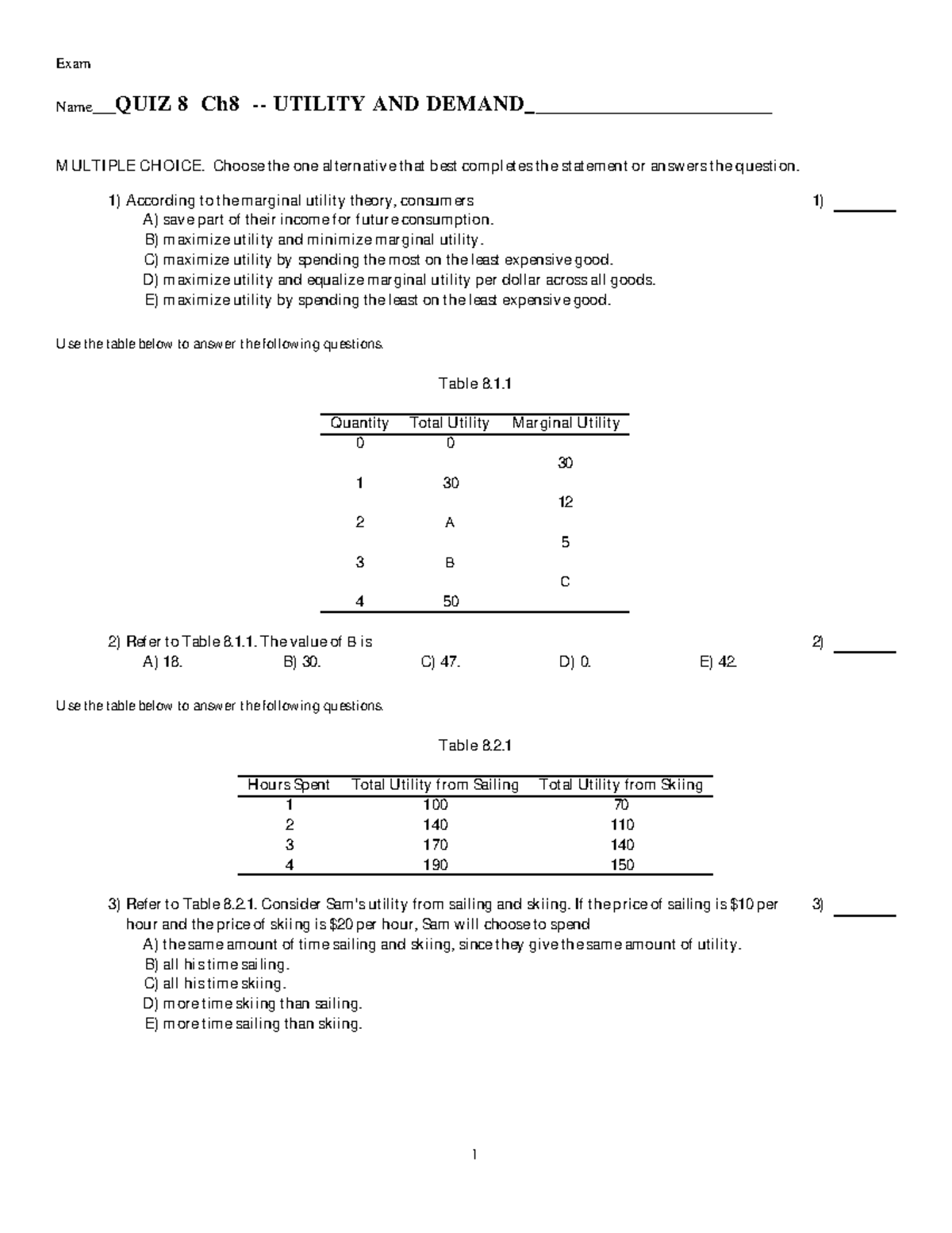 QUIZ 8 Ch8 - Utility AND Demand - Exam Name___QUIZ 8 Ch8 - UTILITY AND ...
