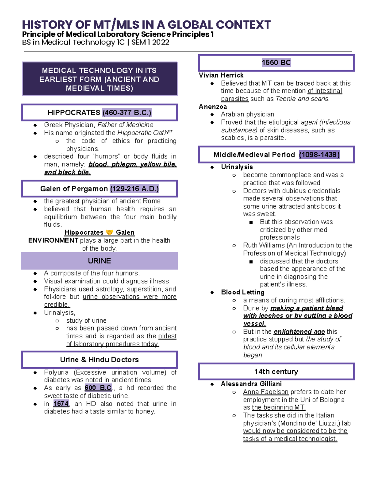 HIST 101: Principles of Medical Laboratory Science - Ancient to 18th ...
