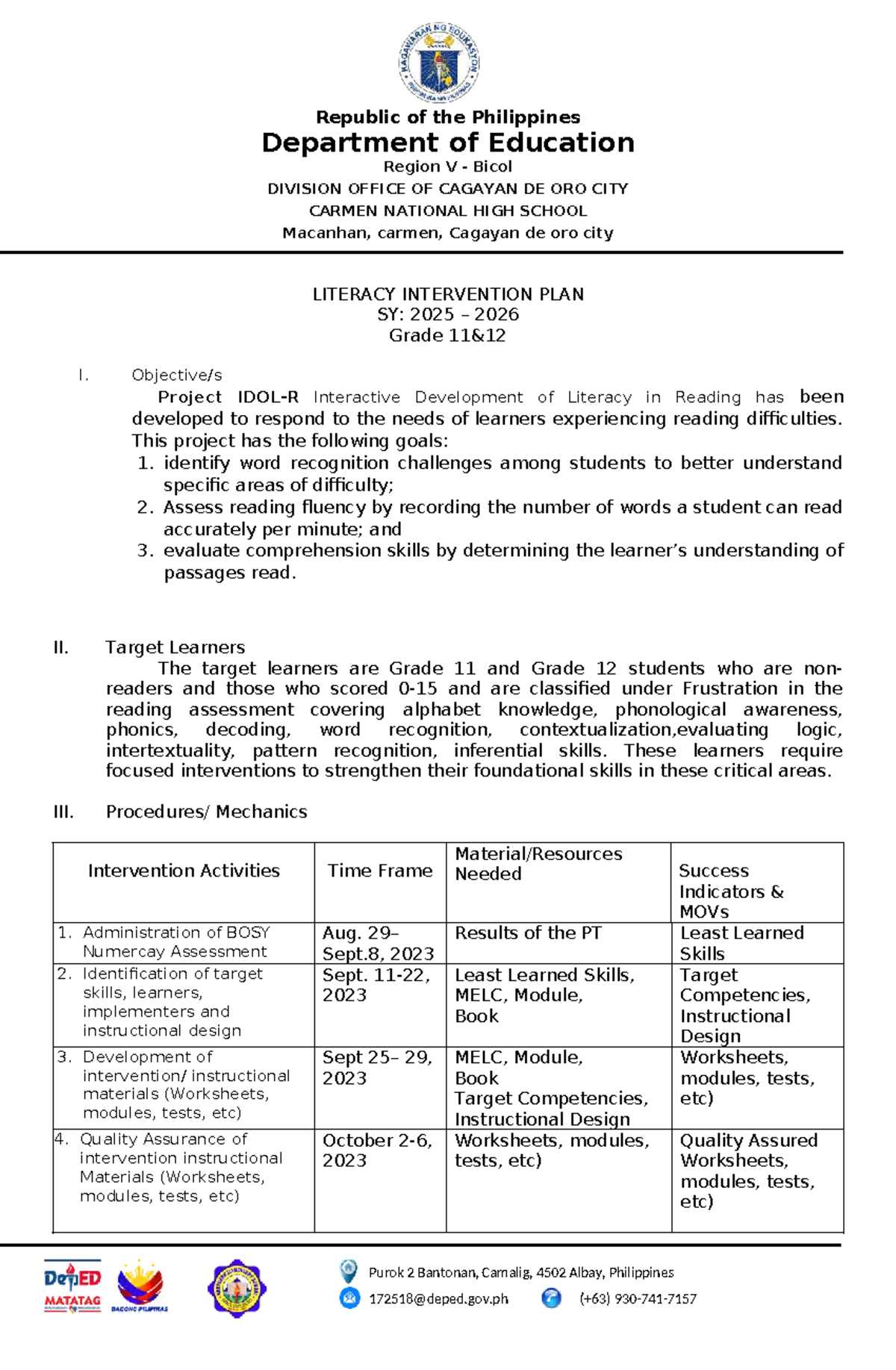 Learning Intervention Plan for Literacy Development SY: 2025-2026 - Studocu
