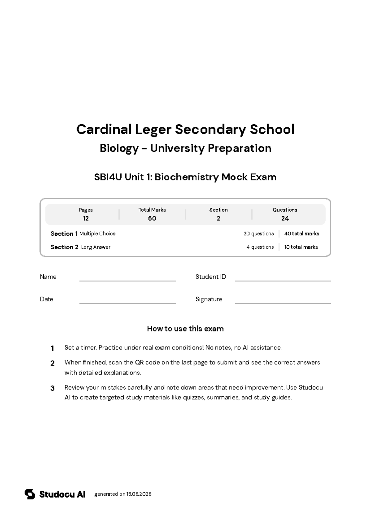 SBI4U Biochemistry Mock Exam - Studocu