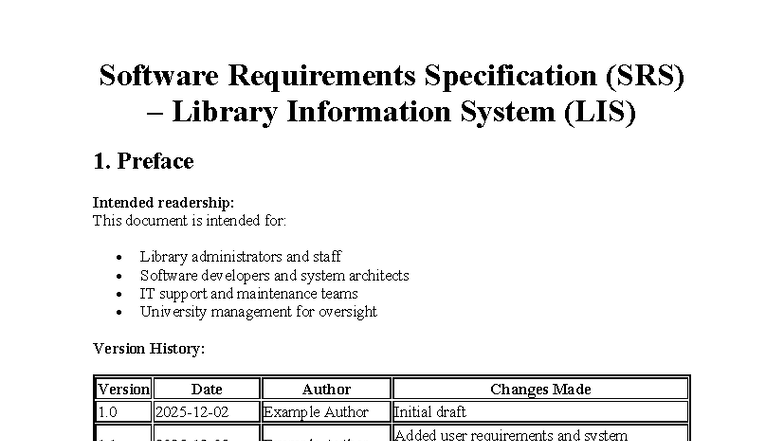 SRS Document for Library Information System (LIS) - Example - Studocu