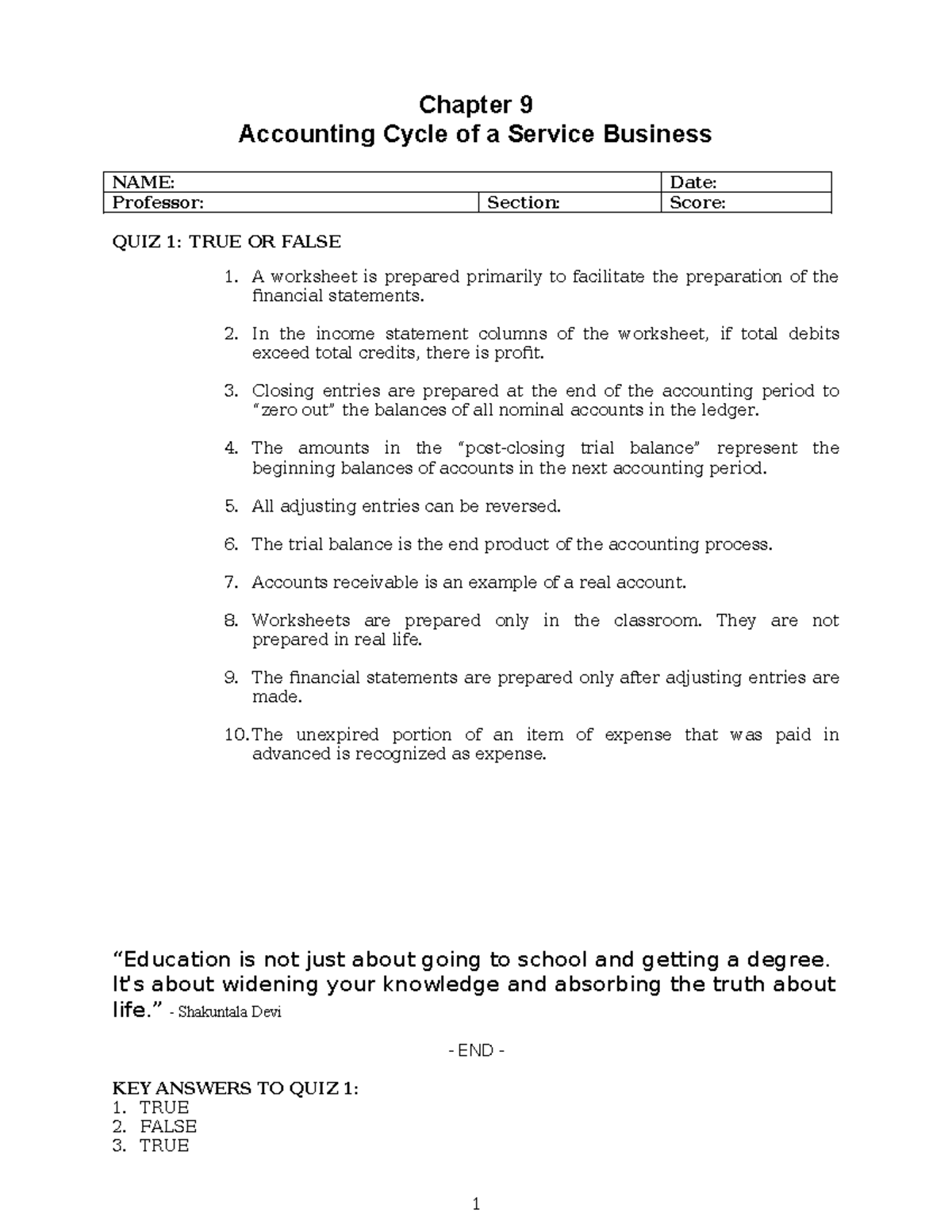 503405436 Quizzes chapter 9 acctg Cycle of a Service Business - Chapter ...