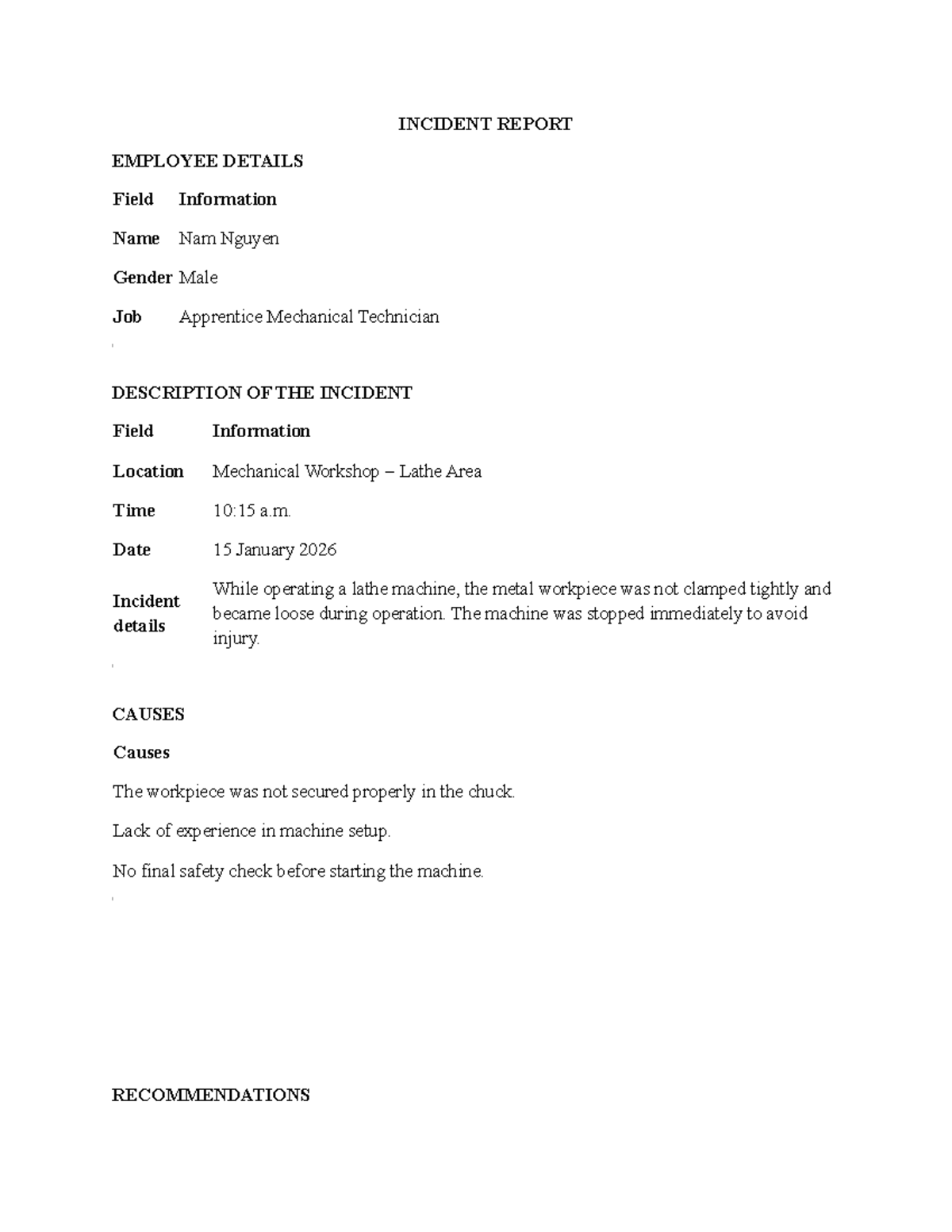 Incident Report: Lathe Operation Safety - U3 Writing Document - Studocu