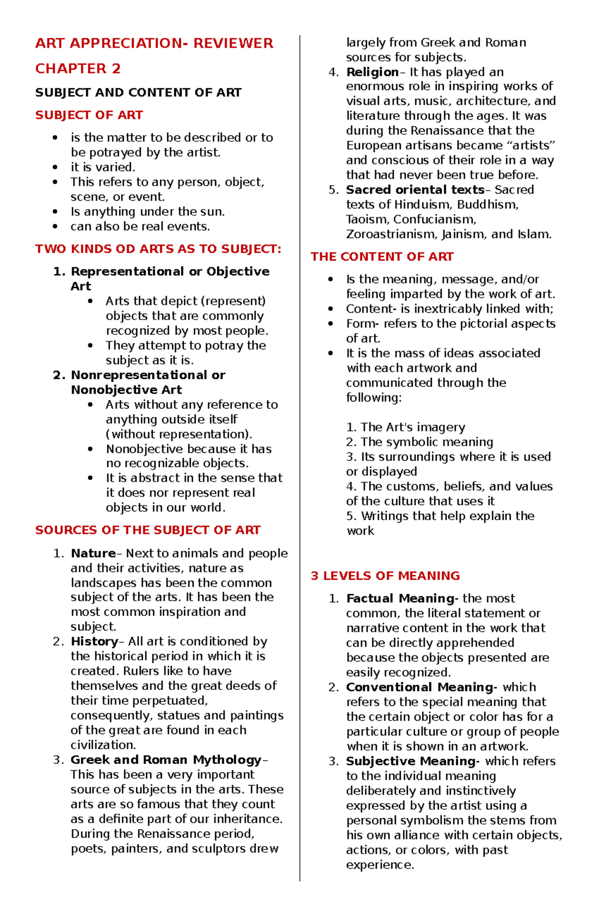 ART Appreciation Reviewer: Chapter 2 - Subject and Content of Art - Studocu