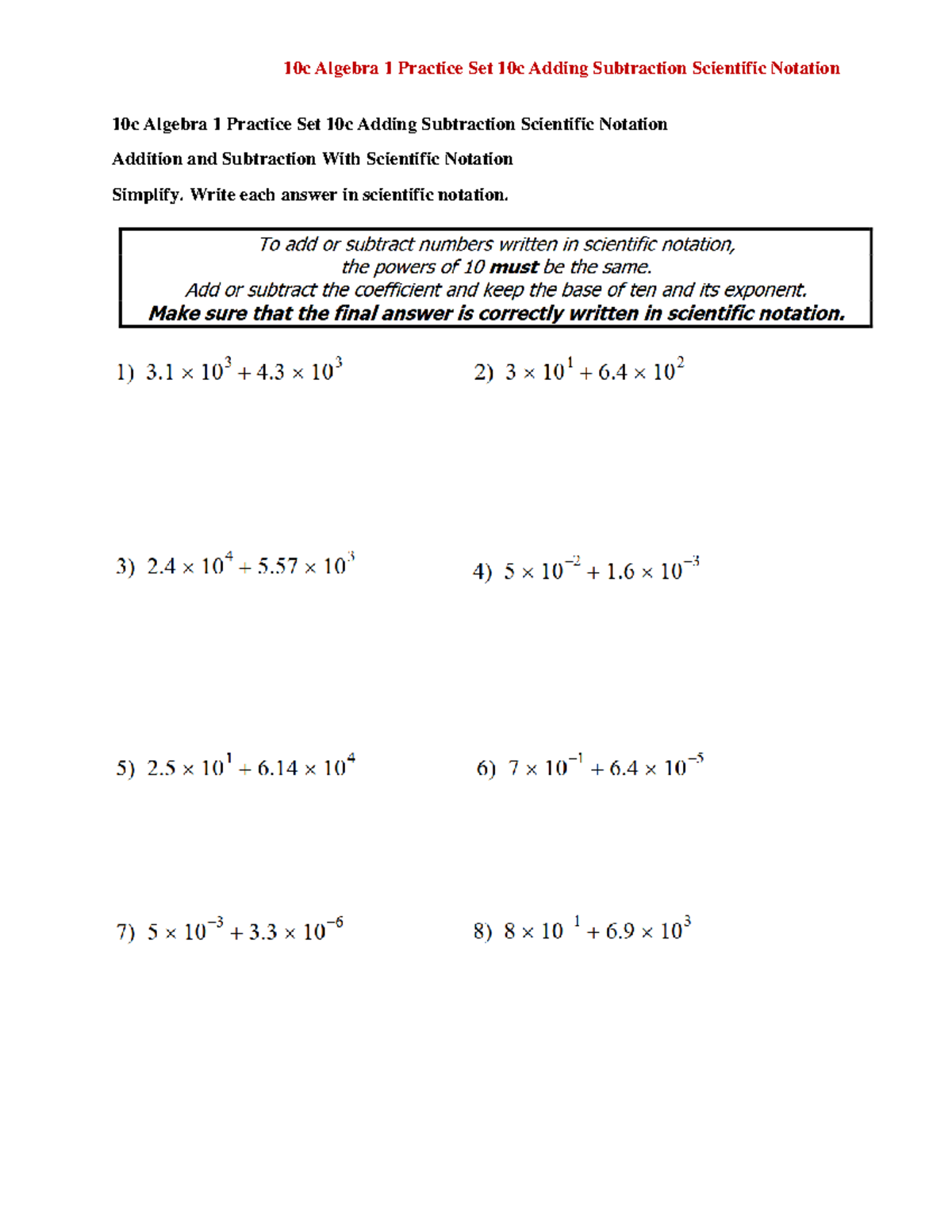 10c Algebra 1 Practice Set 10c Adding Subtraction Scientific Notation ...
