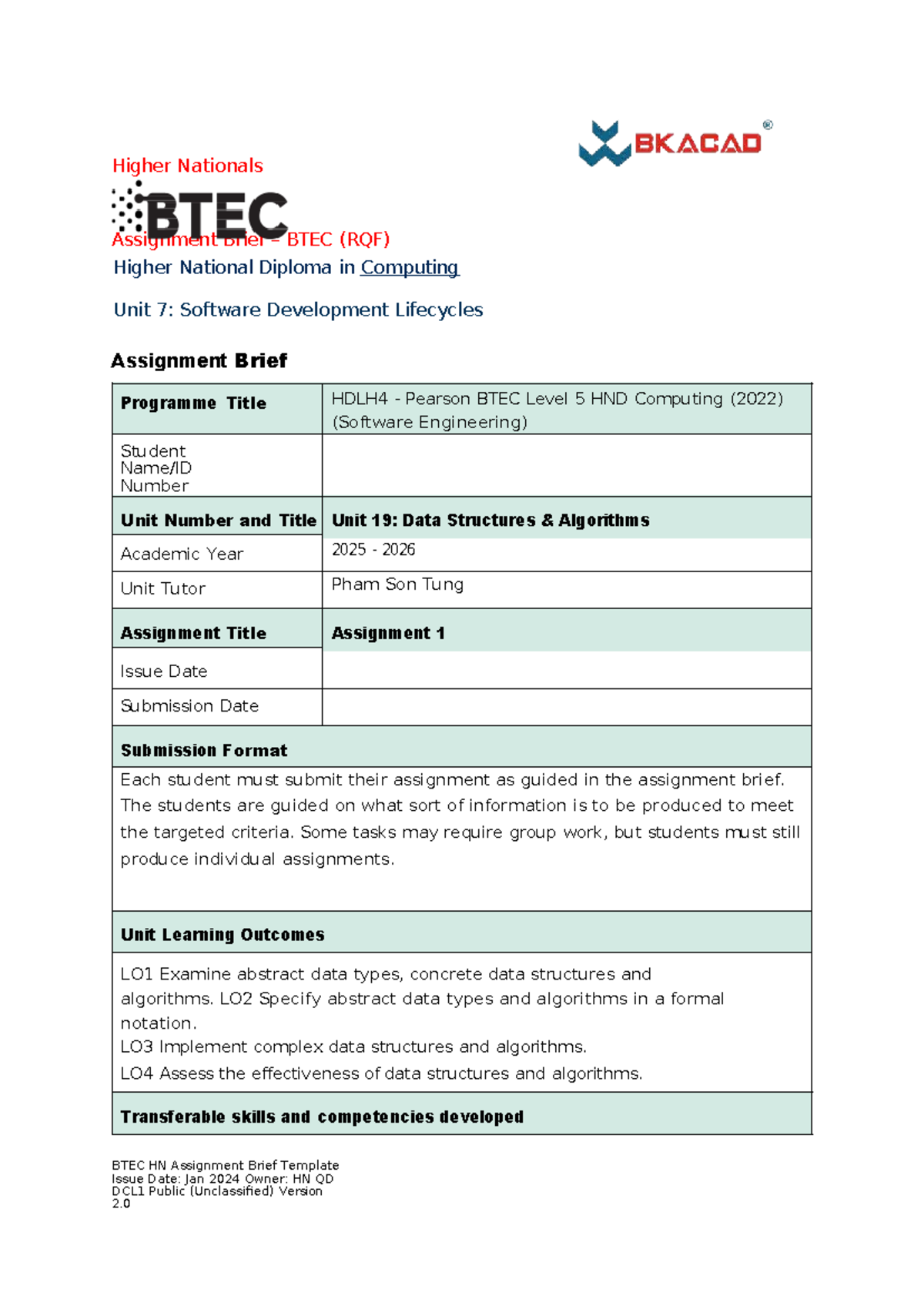 Data Structures & Algorithms - Assignment Brief BTEC HND Unit 19 (2025-2026) - Studocu