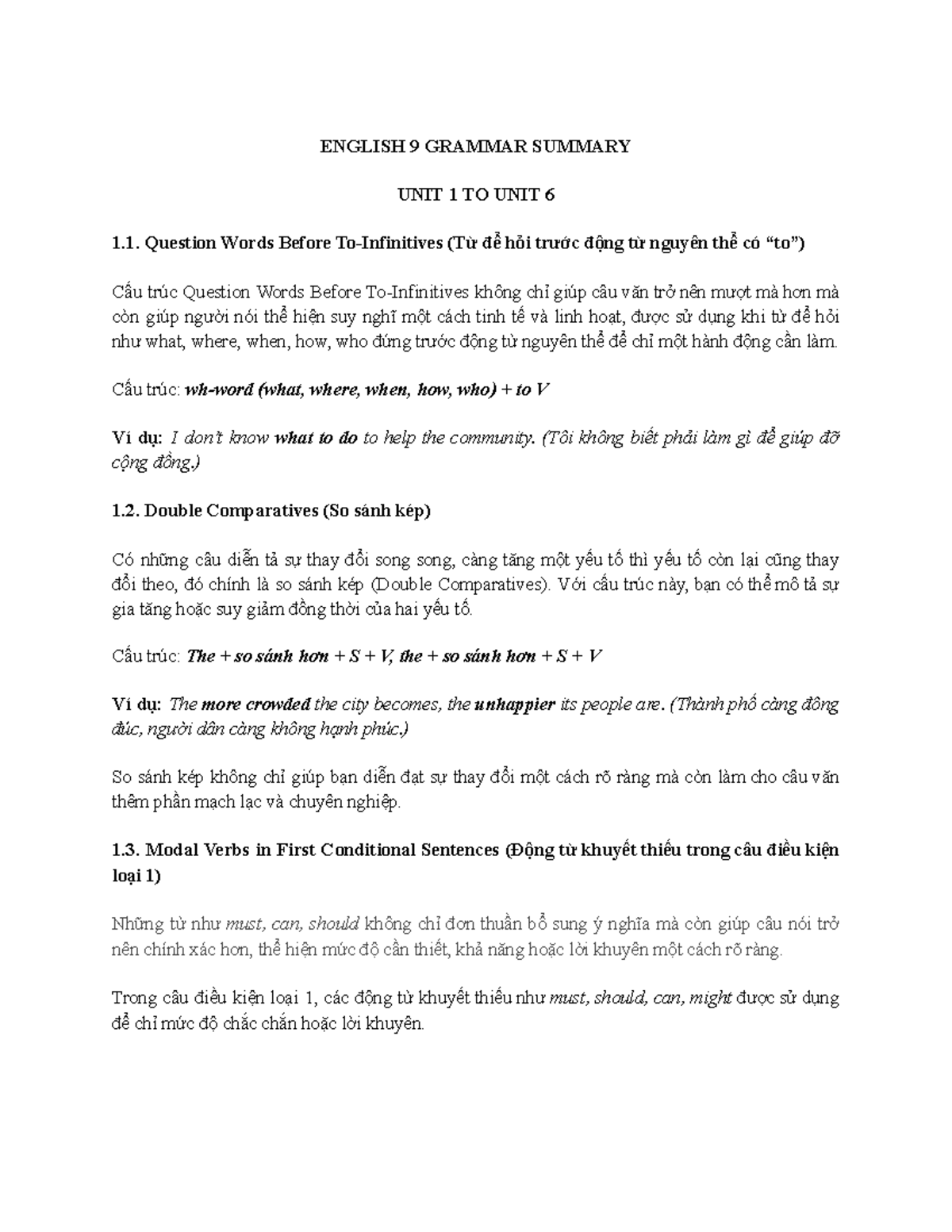 ENGLISH 9 GRAMMAR SUMMARY: UNIT 1 TO 6 OVERVIEW - Studocu