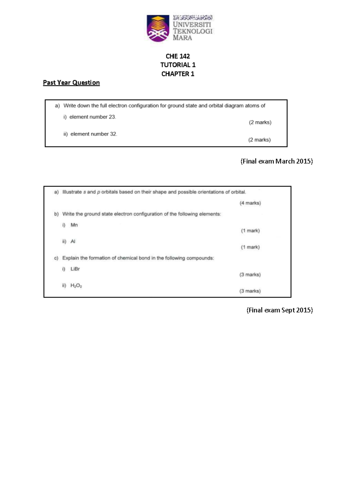 Tutorial 1 - Final test tutorila - Inorganic Chemistry - CHE 142 ...