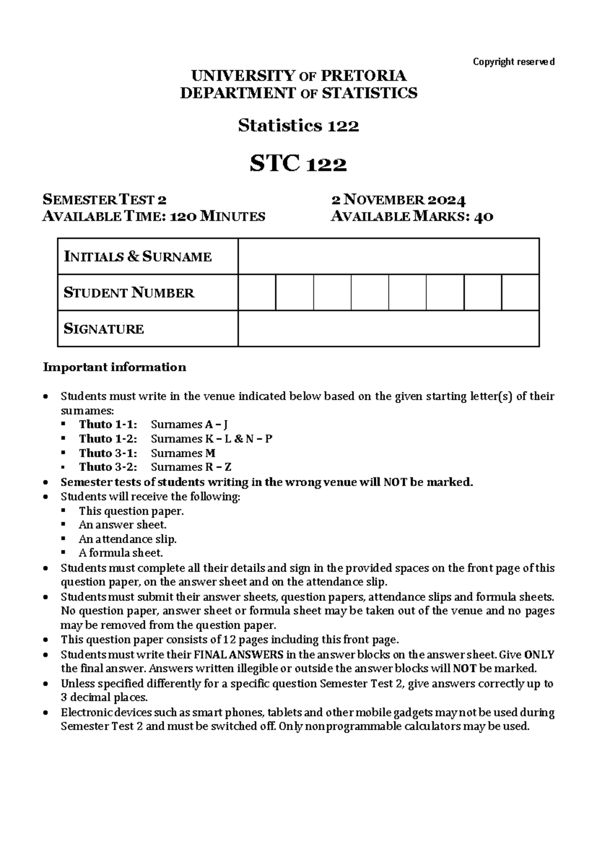 STC122 - Semester Test 2 - Question Paper - November 2024 - Studocu