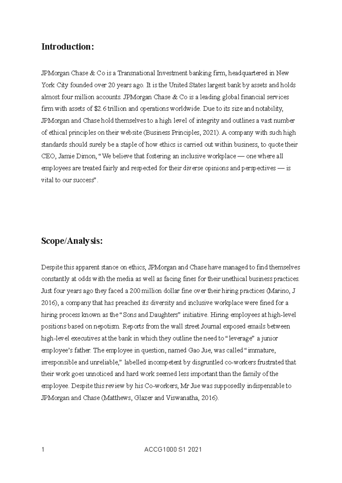 ACCG1000 Ethics Case Study: Unpacking JPMorgan Chase's Practices - Studocu