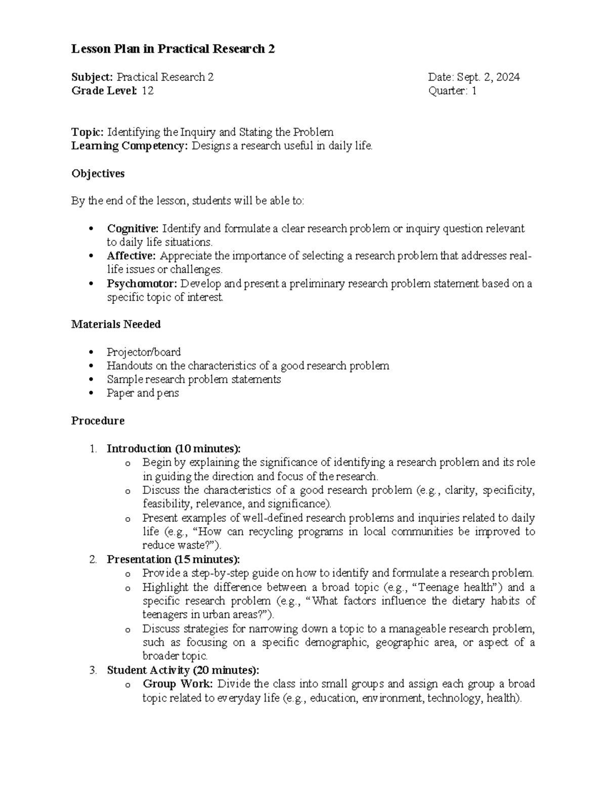 Practical Research 2: Lesson Plan on Designing Daily Life Research ...