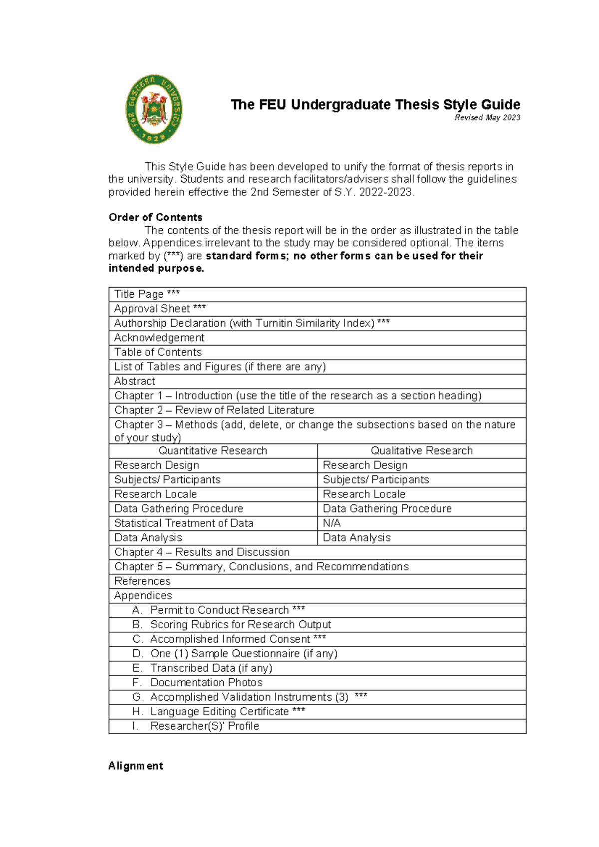 2023 FEU Undergraduate Thesis Style Guide Revision - Studocu