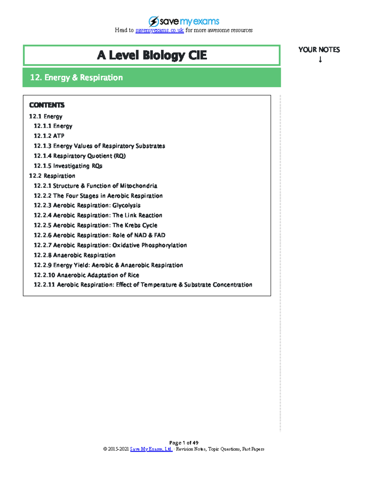 A Level Biology CIE: Chapter 12 - Energy & Respiration Overview - Studocu