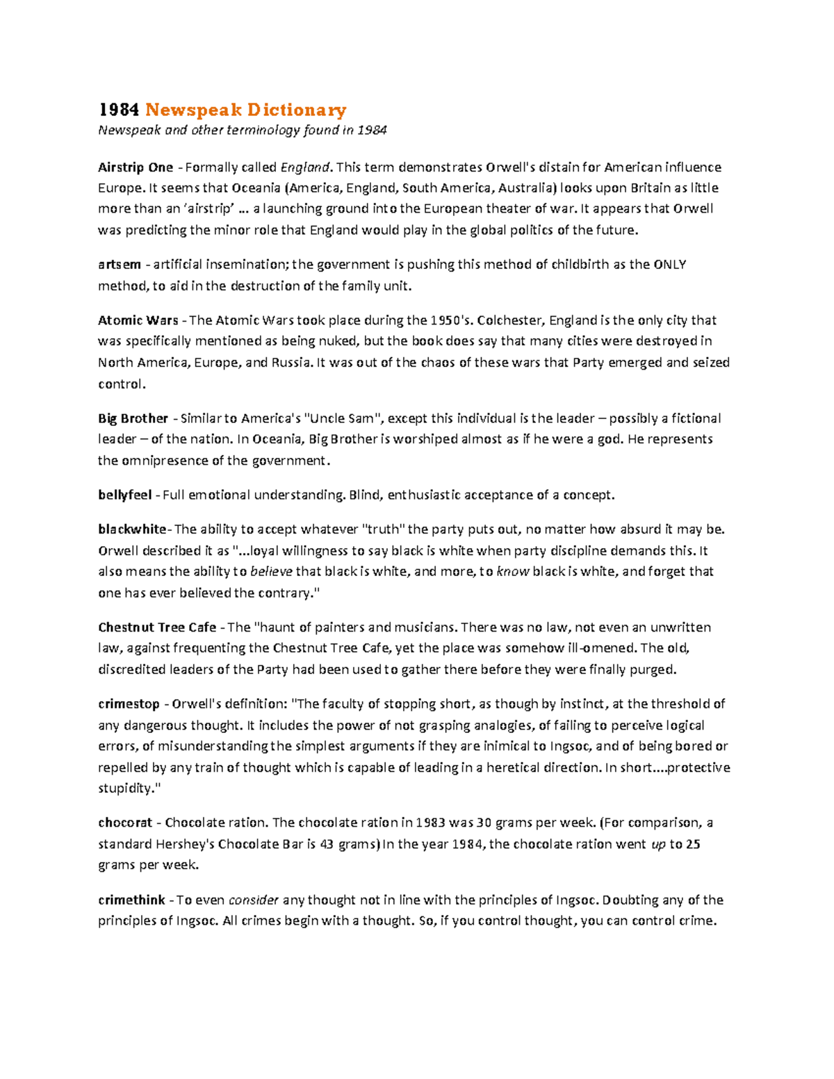 1984 - Newspeak Dictionary and Terminology Overview - Studocu