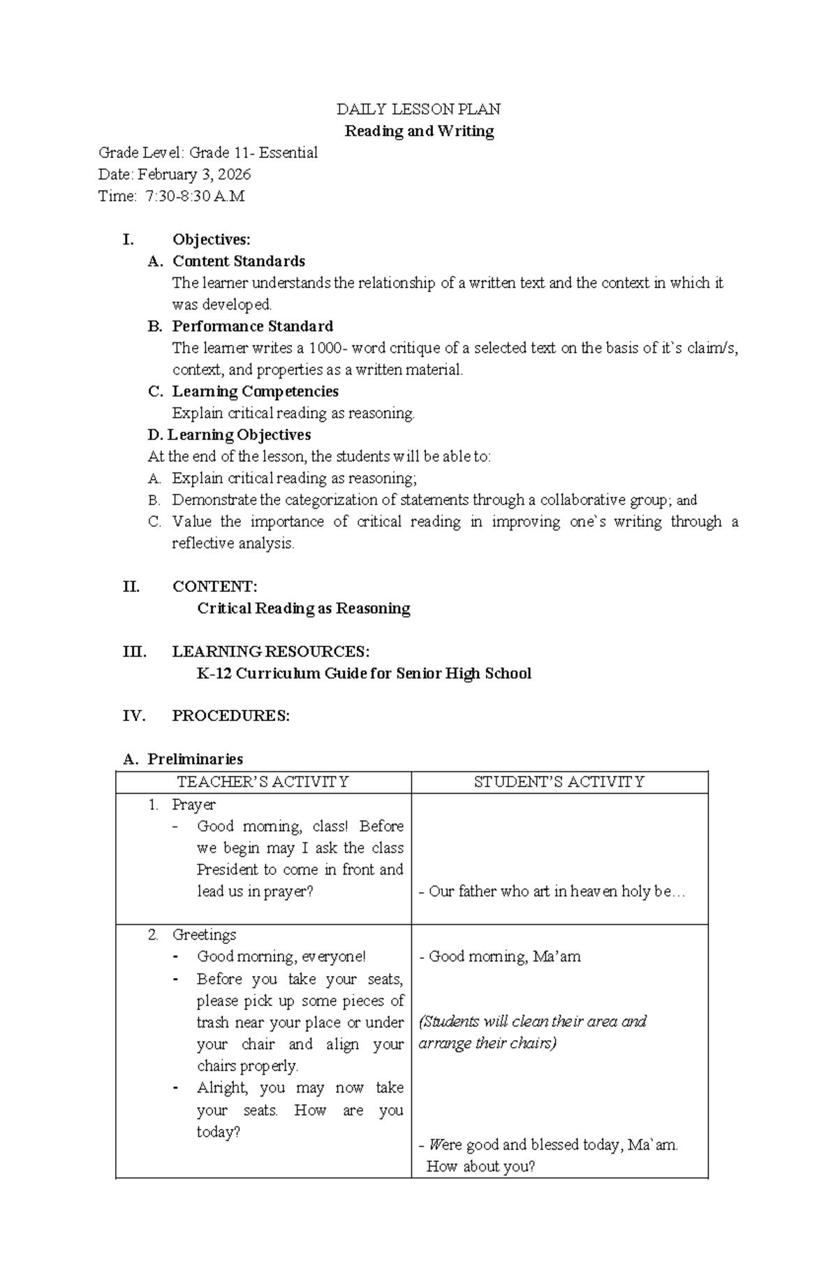 DAILY LESSON PLAN: Critical Reading as Reasoning (Grade 12) - Studocu