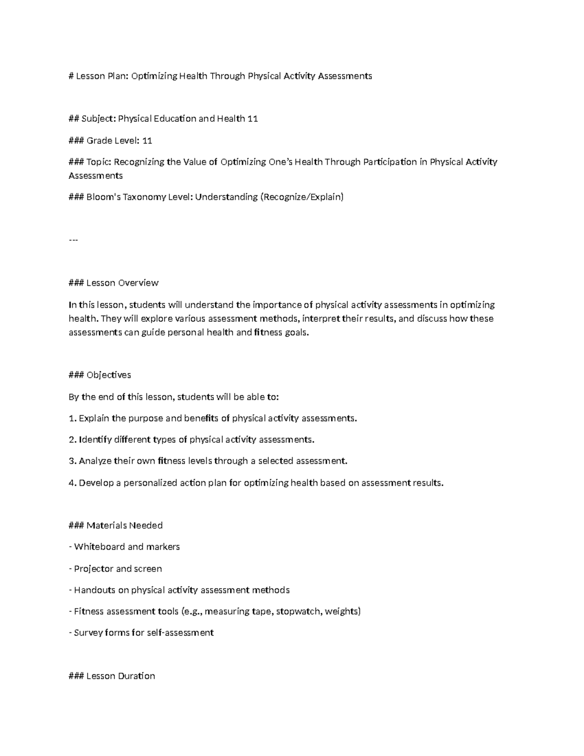 Lesson Plan: Optimizing Health via Physical Activity Assessments (PE 11 ...