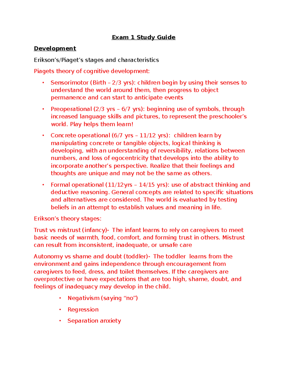 Exam 1 Study Guide: Piaget's Cognitive Development Stages - Studocu