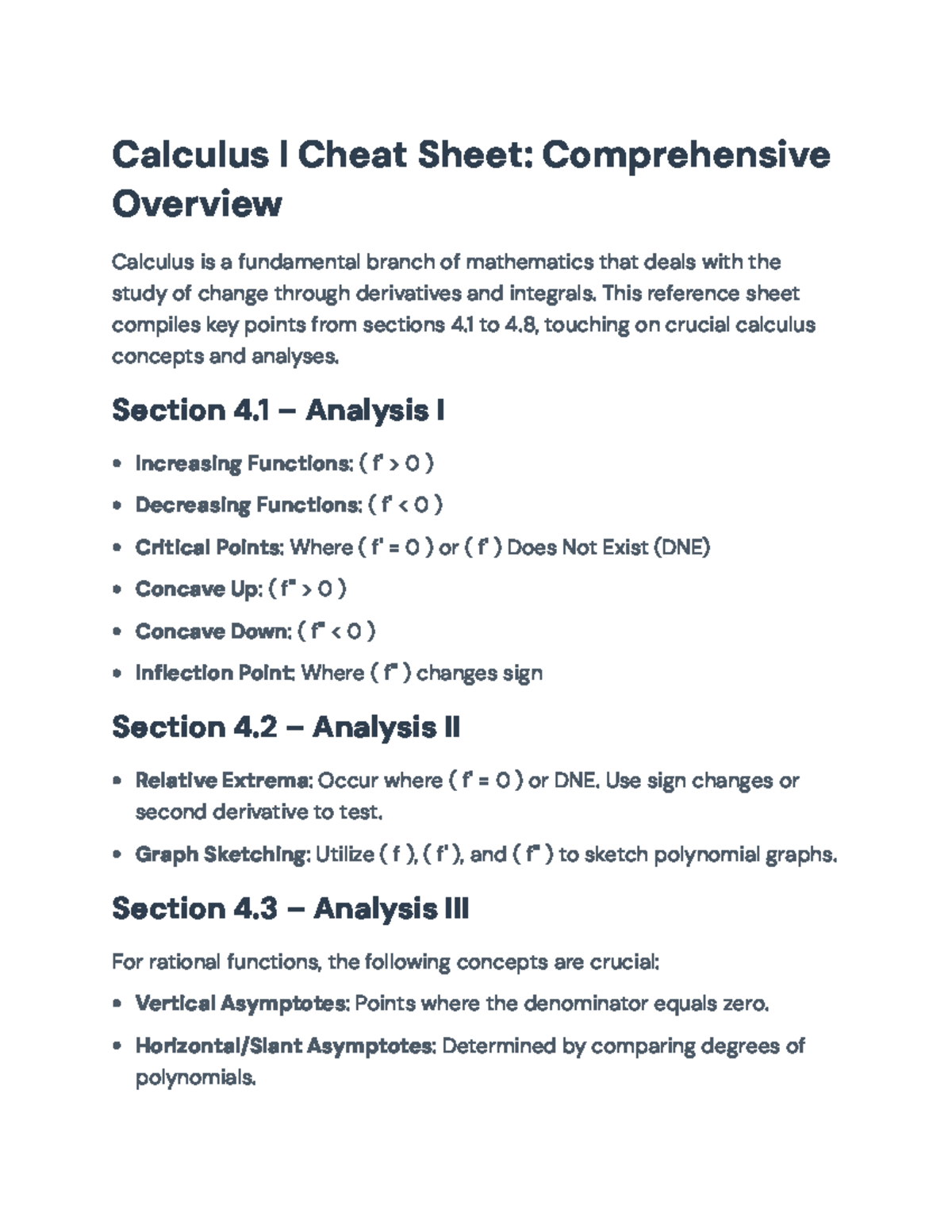 Calculus I Cheat Sheet: Key Concepts from Sections 4.1 to 4.8 ...