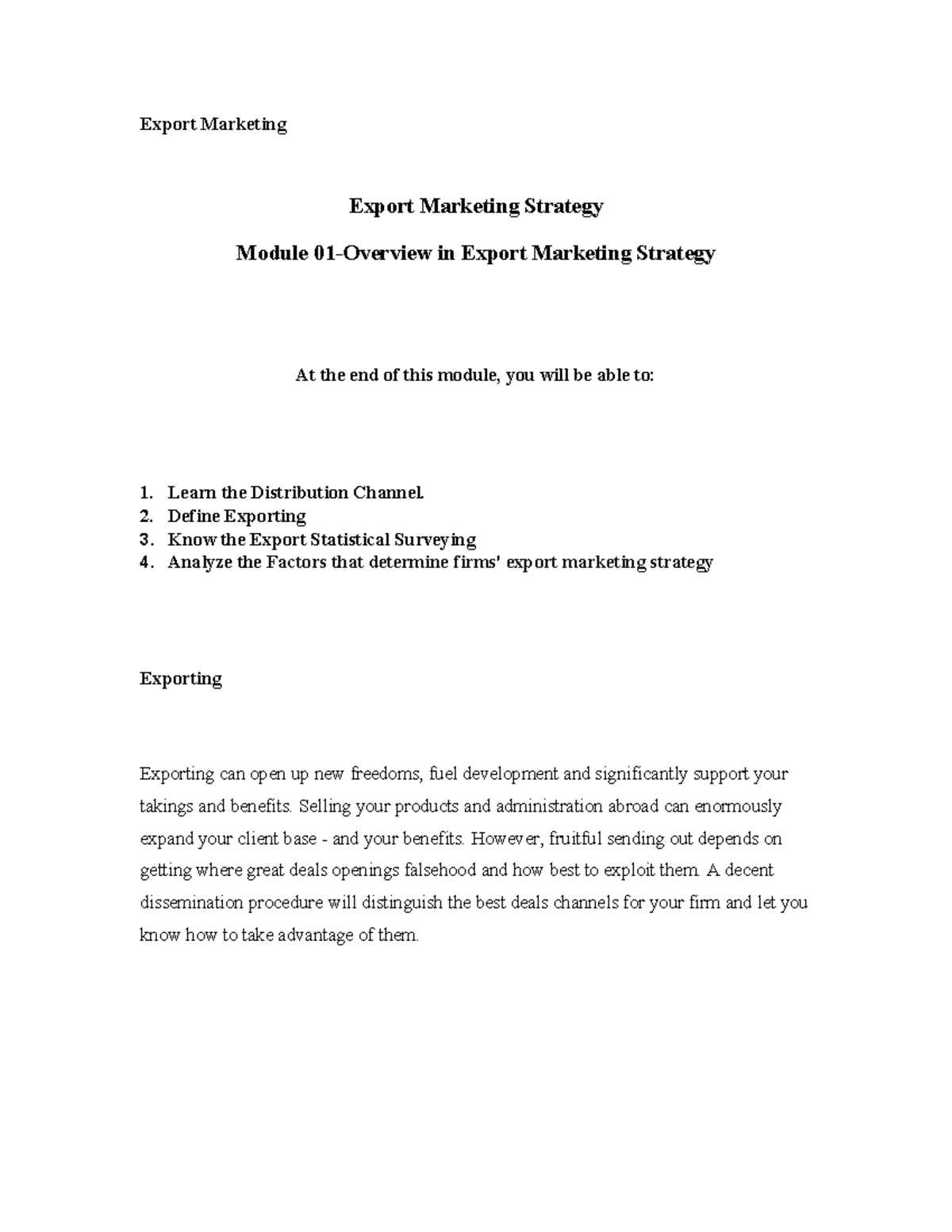 Week 1 Module: Overview of Export Marketing Strategy - Studocu