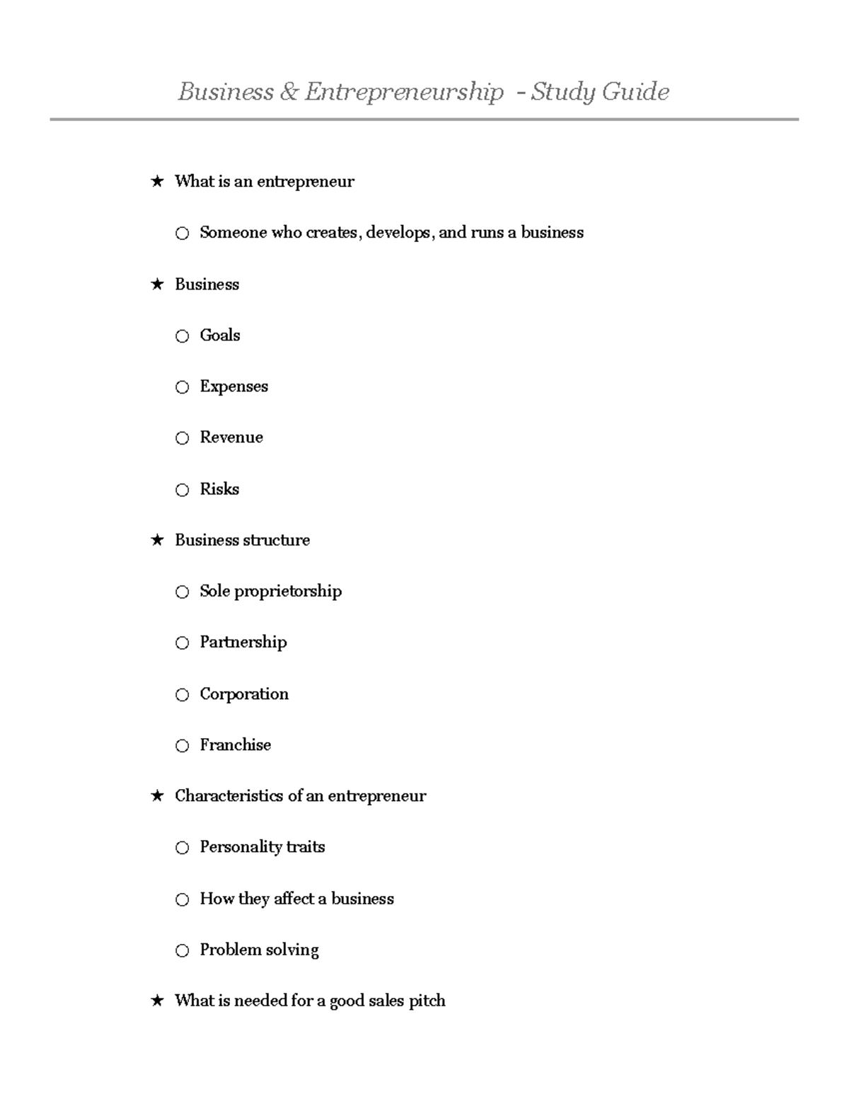 Business & Entrepreneurship Quiz Study Guide - Studocu