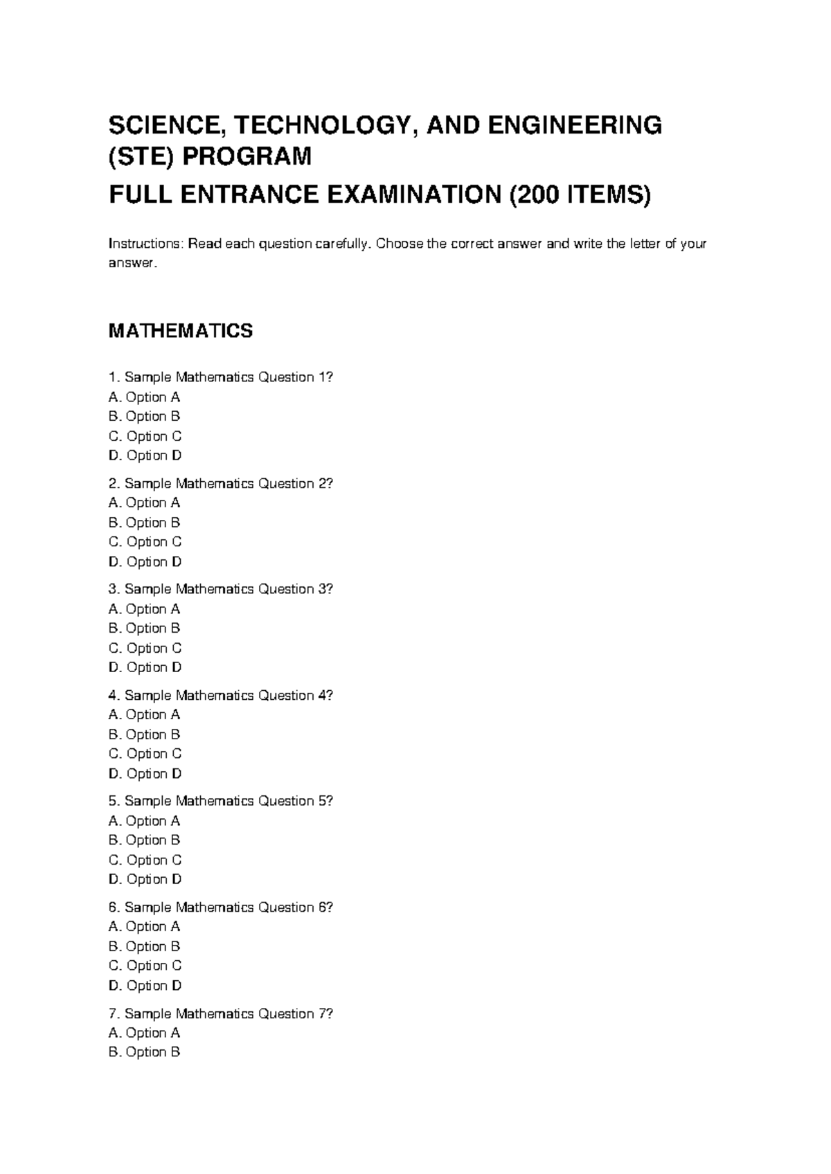 STE Full Entrance Examination: 200 Sample Questions - Studocu