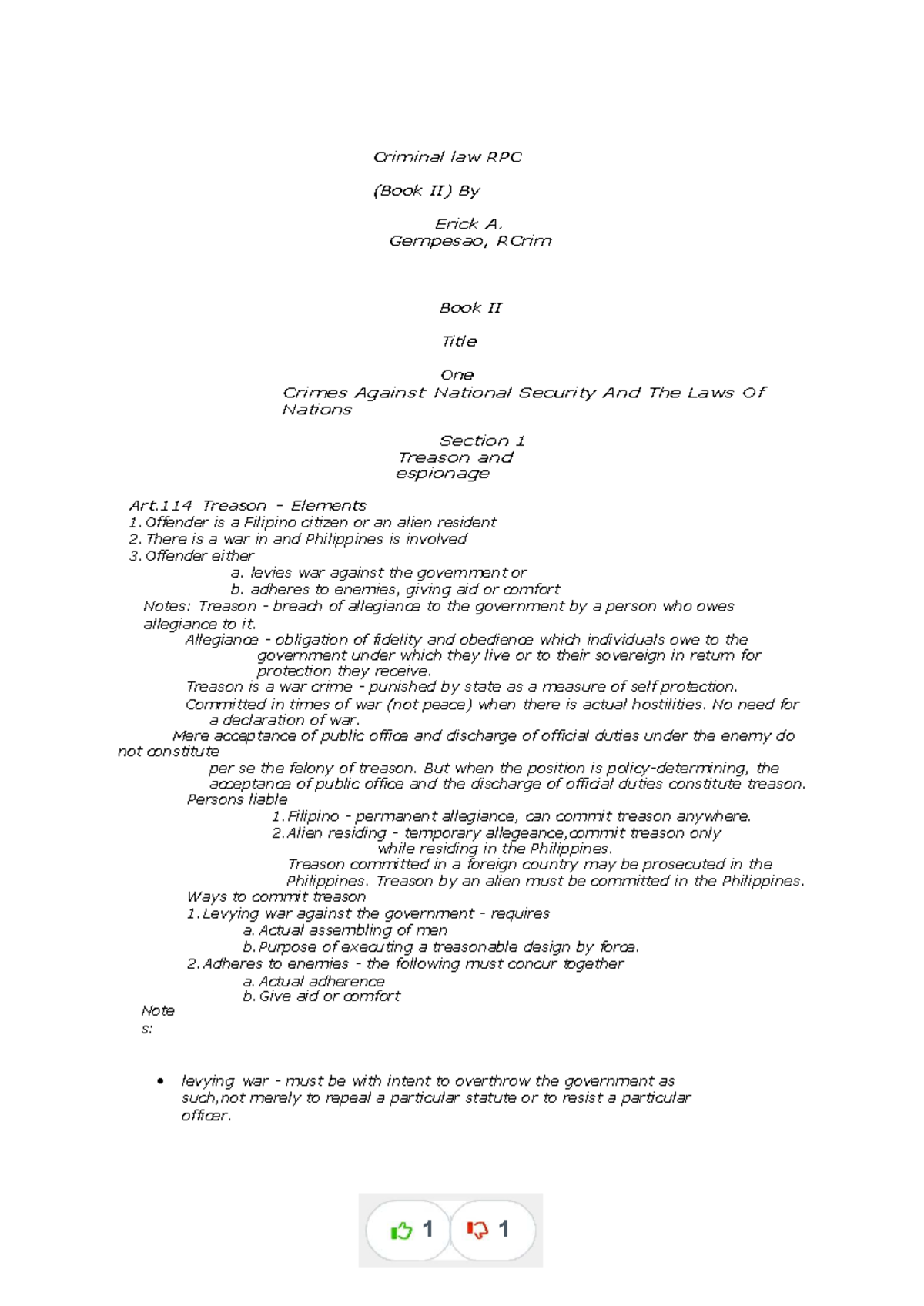 Criminal Law RPC (Book II): Crimes Against National Security & Laws of ...