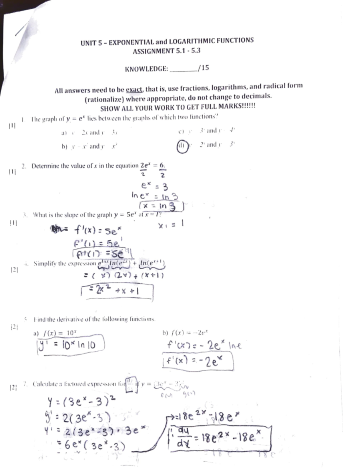 Unit 5 - Exponential & Logarithmic Functions Assignment 5.1 - Studocu