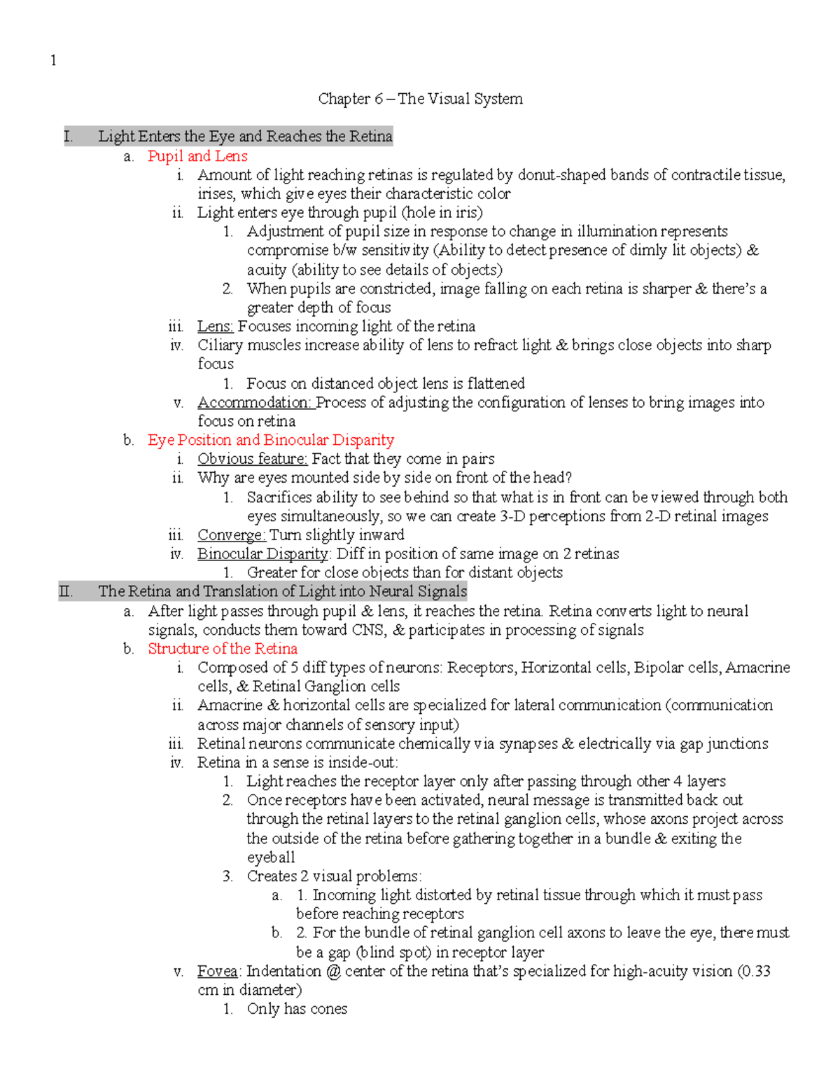 Chapter 6 Notes - Summary of the Visual System in Biopsychology - Studocu