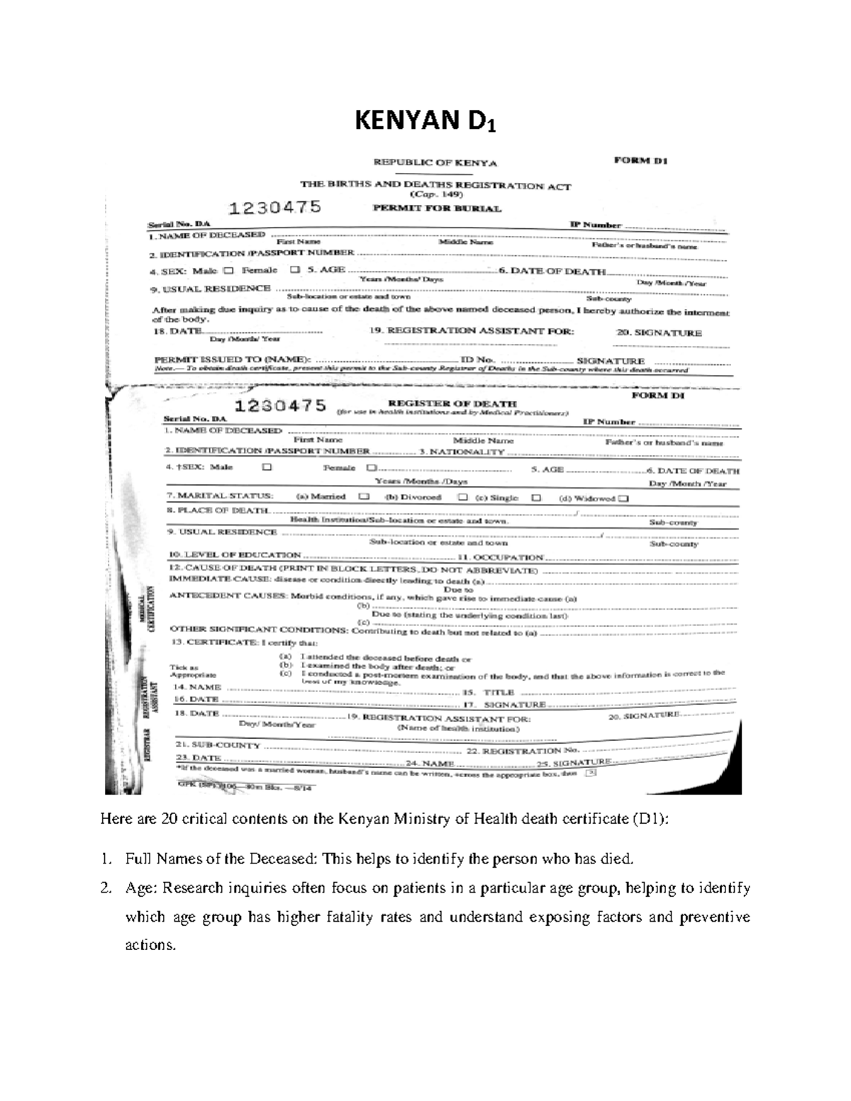 D1 Form Insights: 20 Key Elements of Kenyan Death Certificates - Studocu