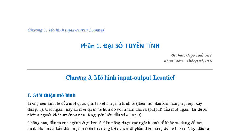 Chương 3: Mô hình Input-Output Leontief - ĐẠI SỐ TUYẾN TÍNH - Studocu