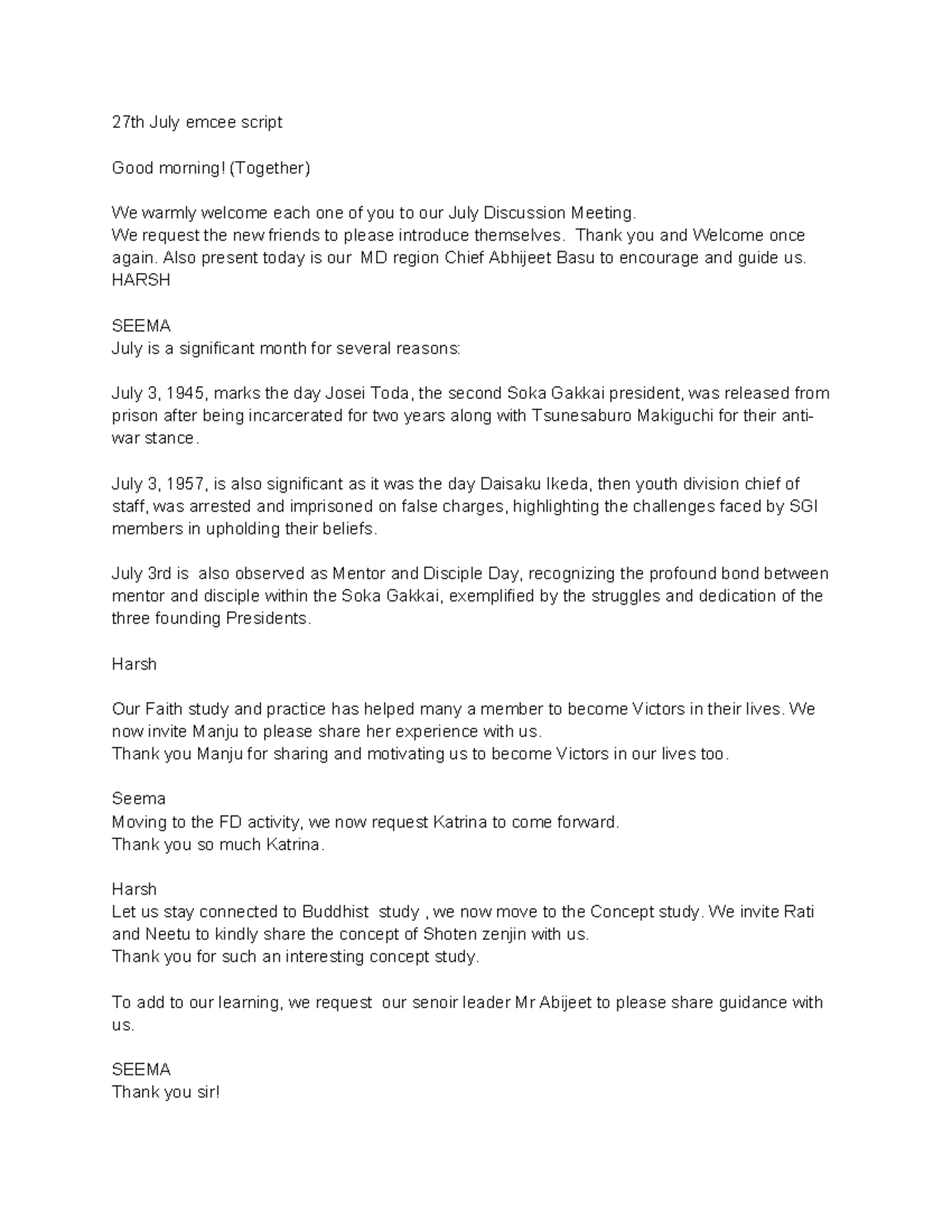 July 27th 2025 Emcee Script for Discussion Meeting - Studocu