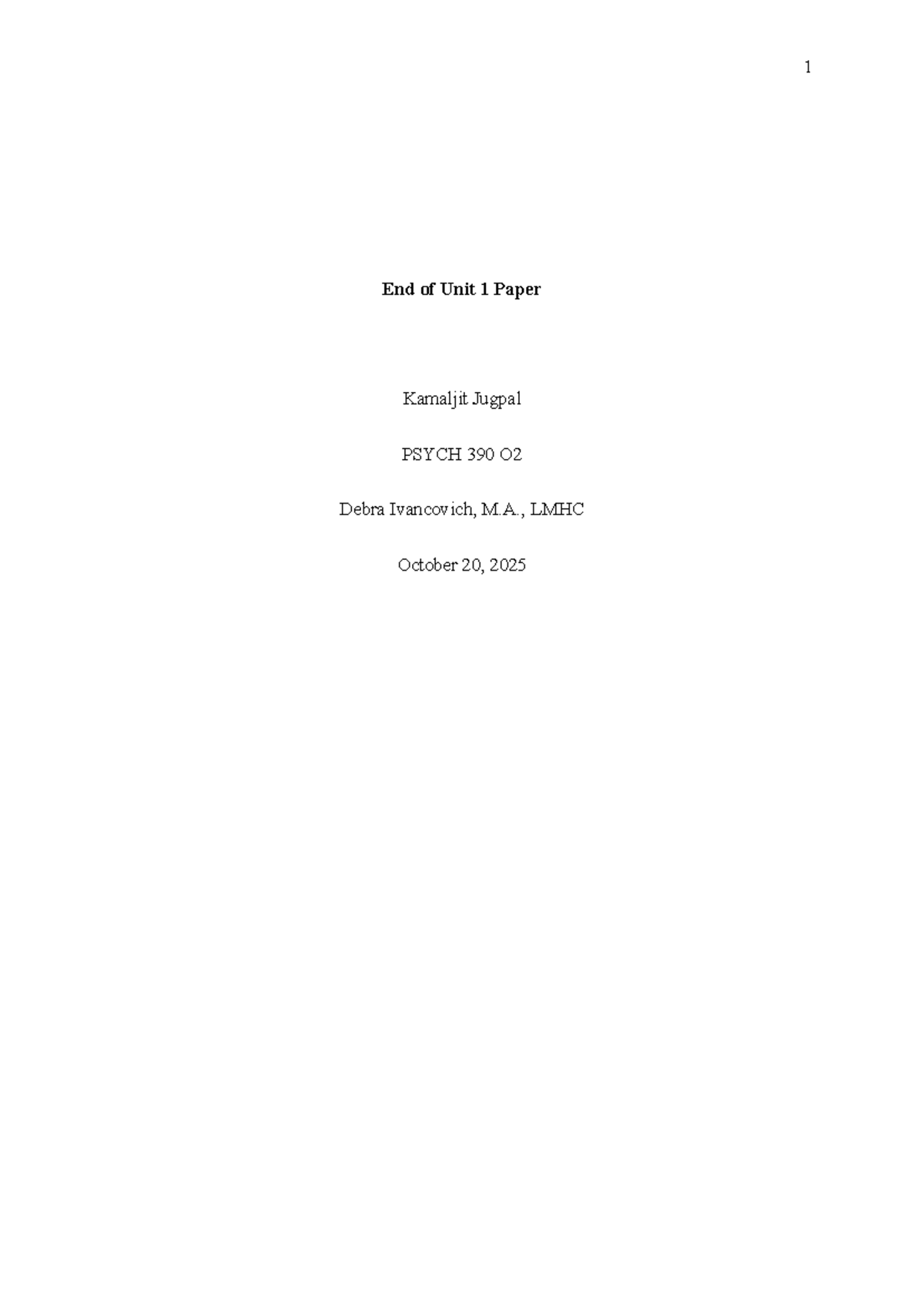 End of Unit 1 Paper: Understanding Personhood in PSYCH 390 O2 - Studocu