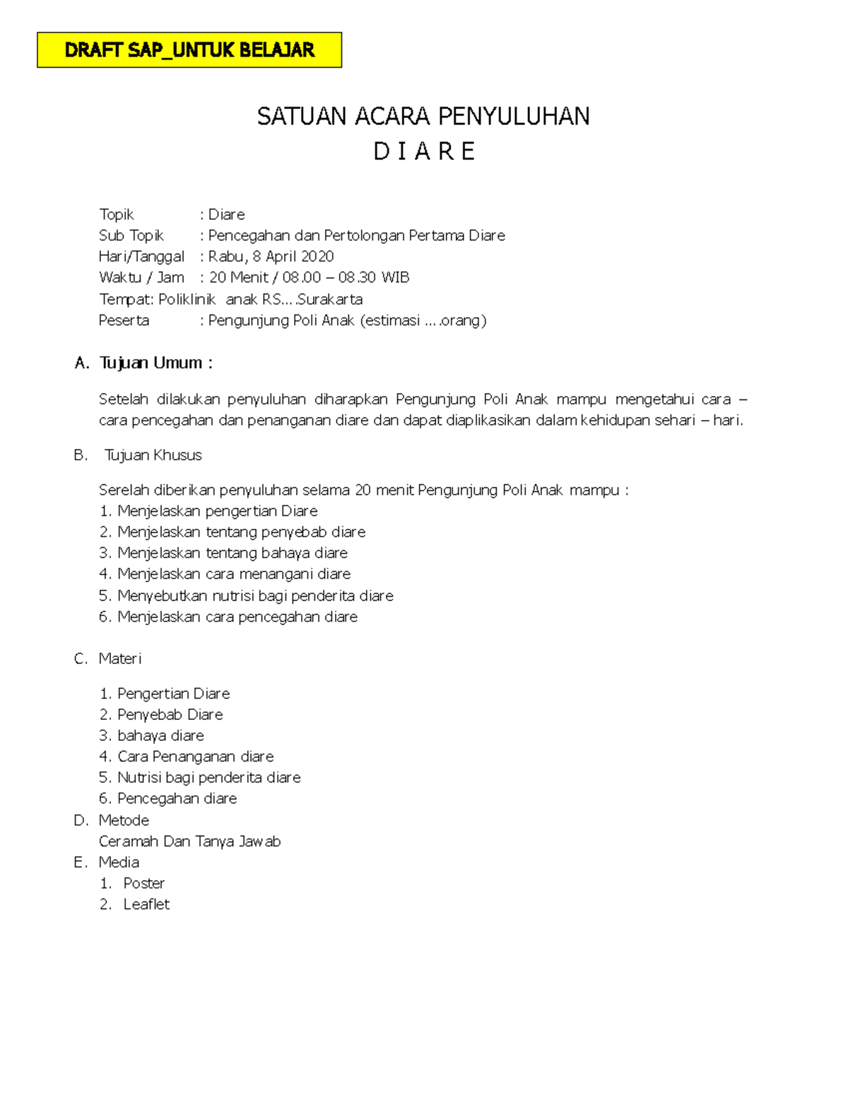 SATUAN ACARA PENYULUHAN (SAP) TENTANG DIARE - 8 APRIL 2020 - Studocu