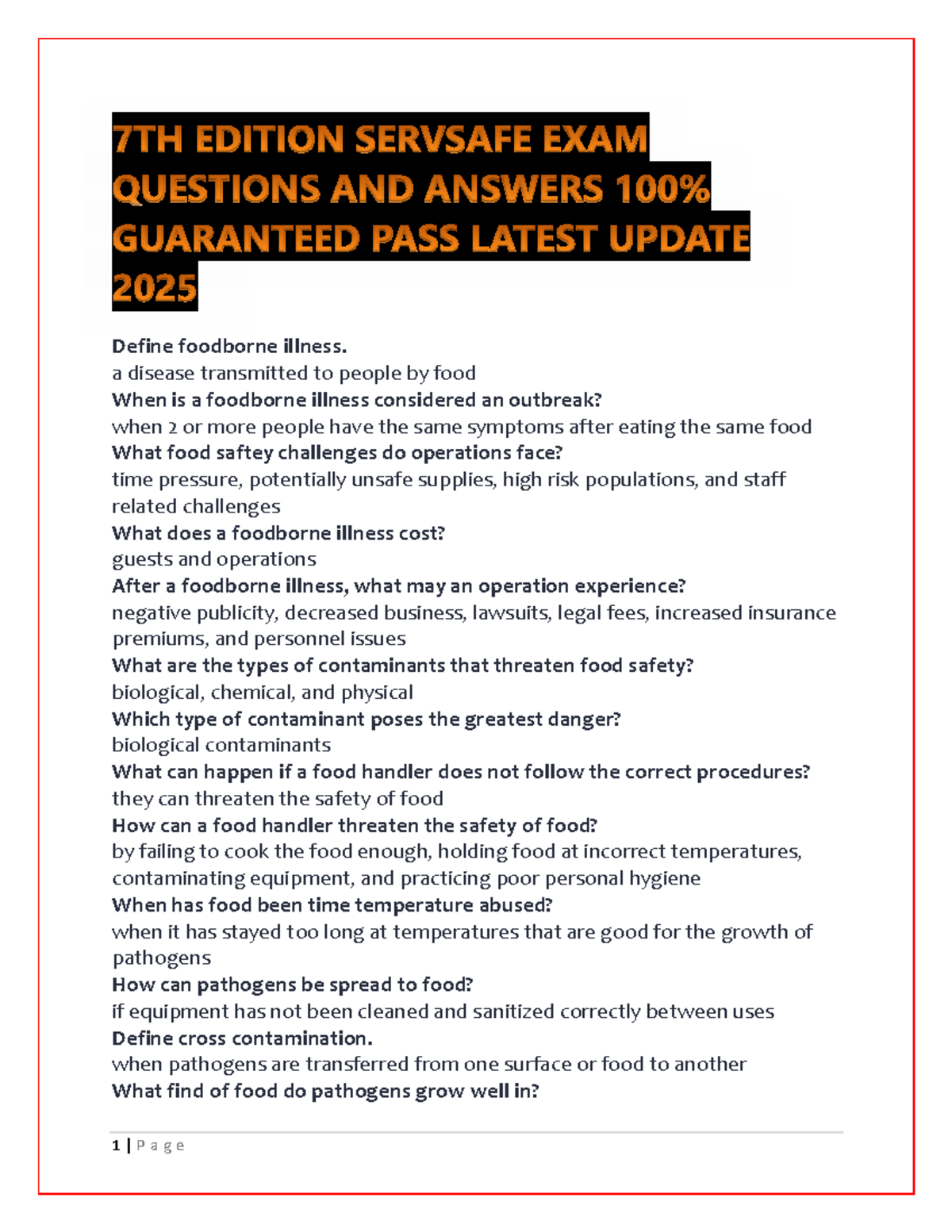 7TH Edition Servsafe Final Exam Questions & Answers - Studocu