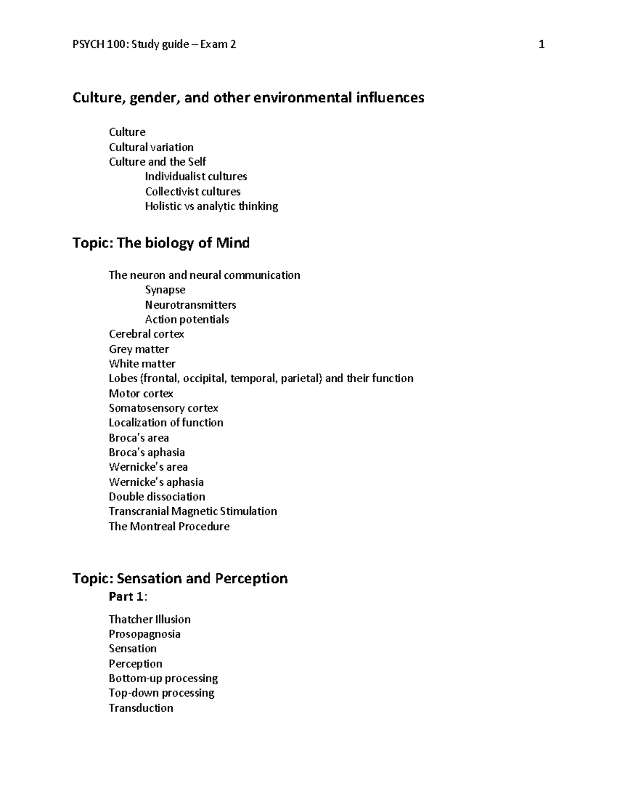 PSYCH 100: Comprehensive Study Guide for Exam 2 - Culture, Biology ...