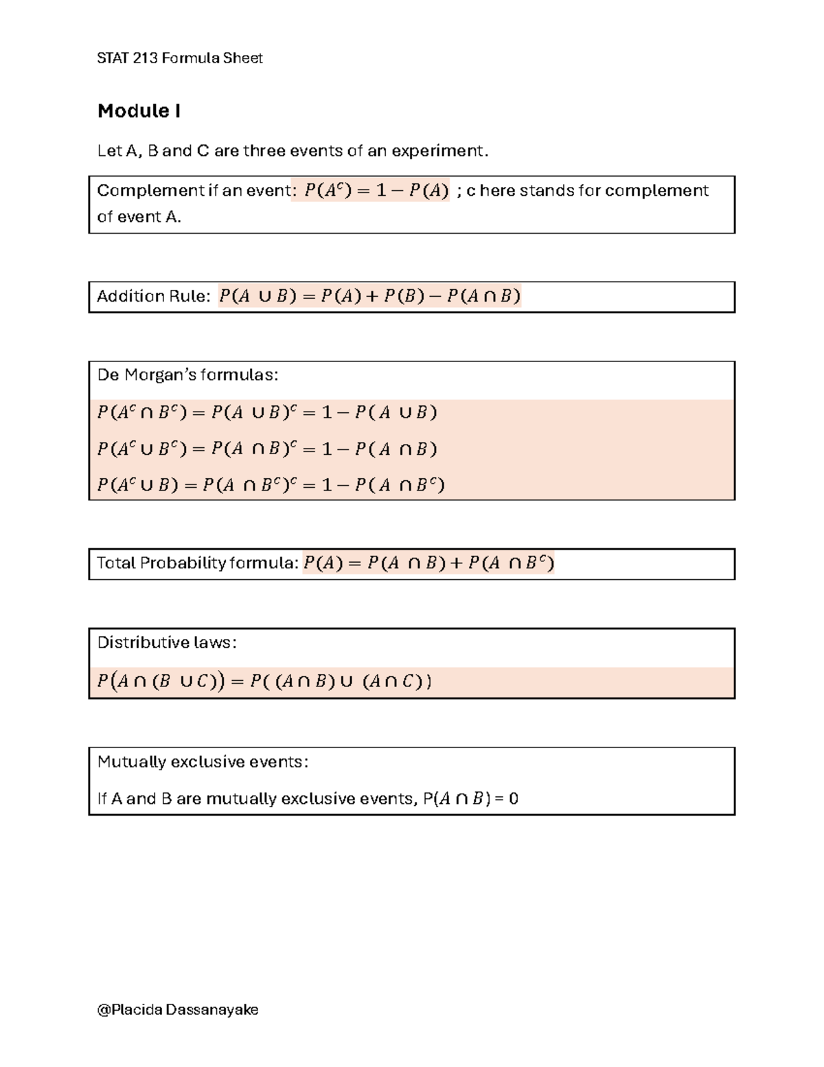 STAT 213 Final Exam Formula Sheet Module I - Studocu