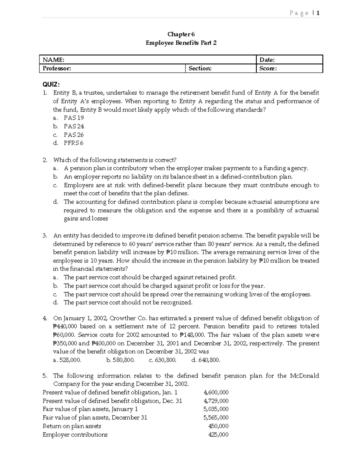 QUIZ: Chapter 6 Employee Benefits Part 2 - 2021 Edition - Studocu