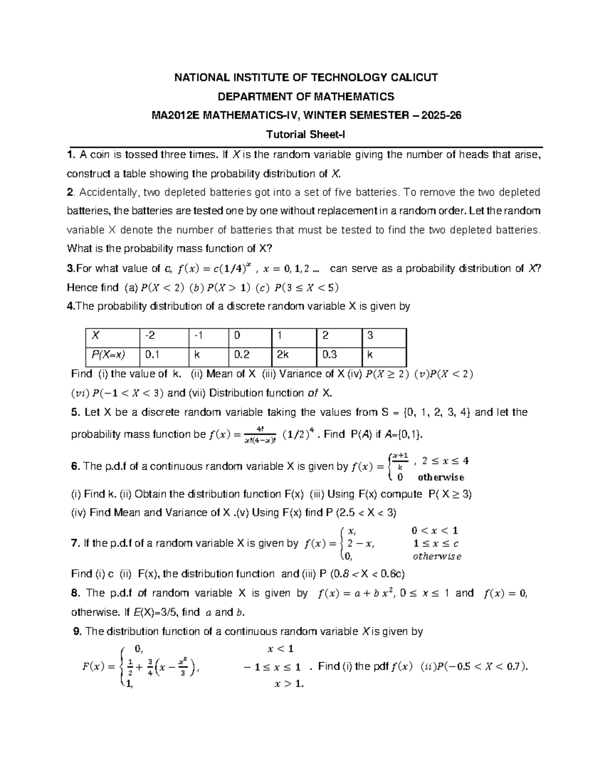 MA2012E Winter Semester Tutorial 1: Probability Distributions and ...