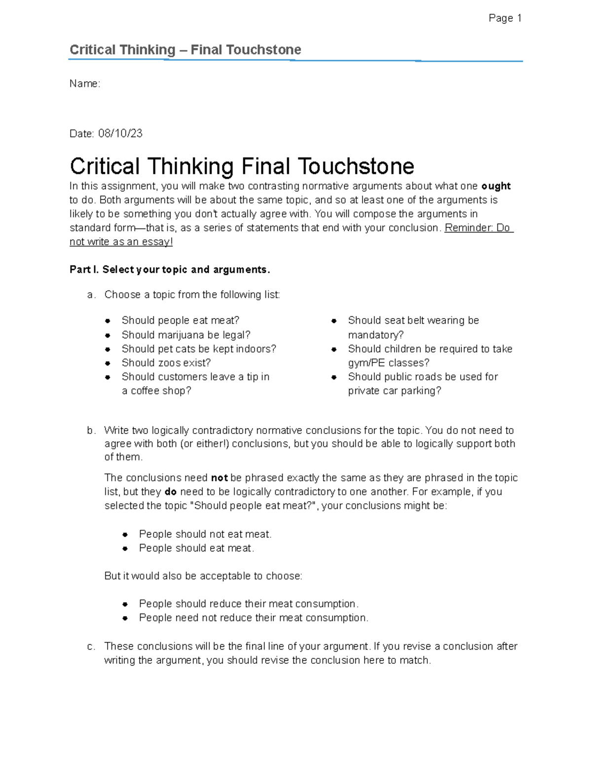 Critical Thinking CT101 Final Touchstone Assignment - Studocu