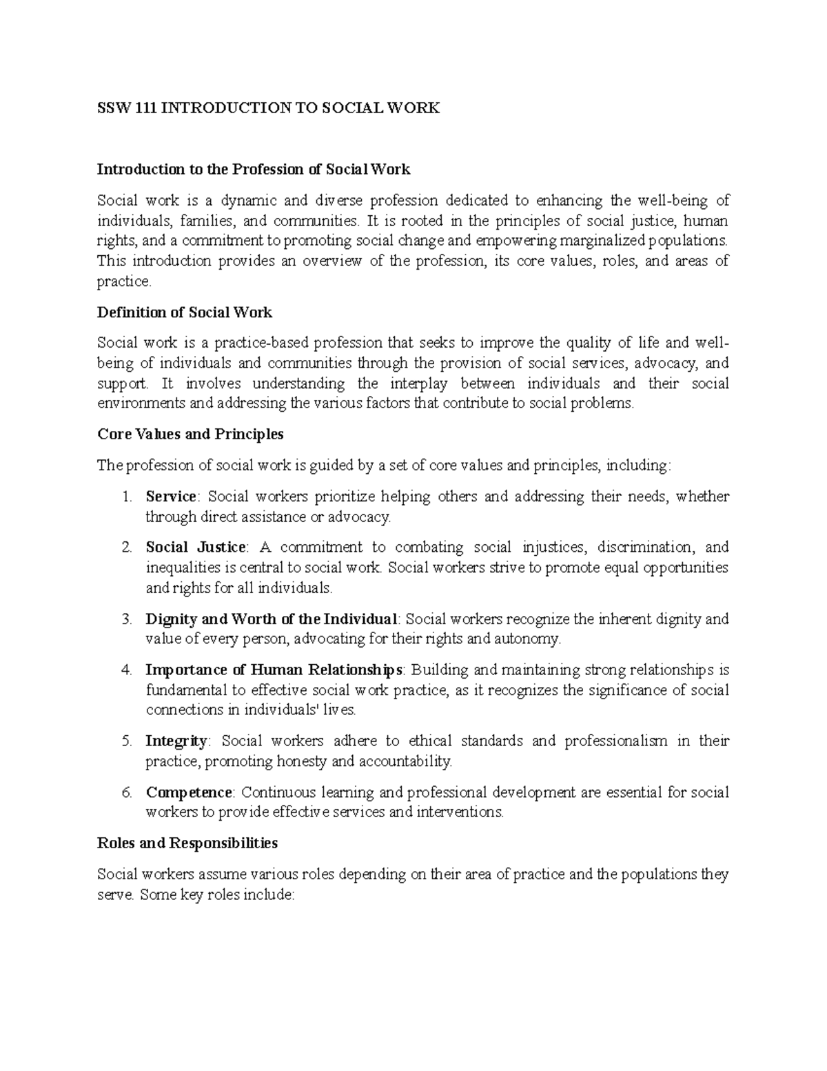 SSW 111 Introduction to Social Work: Key Concepts and Practices - Studocu