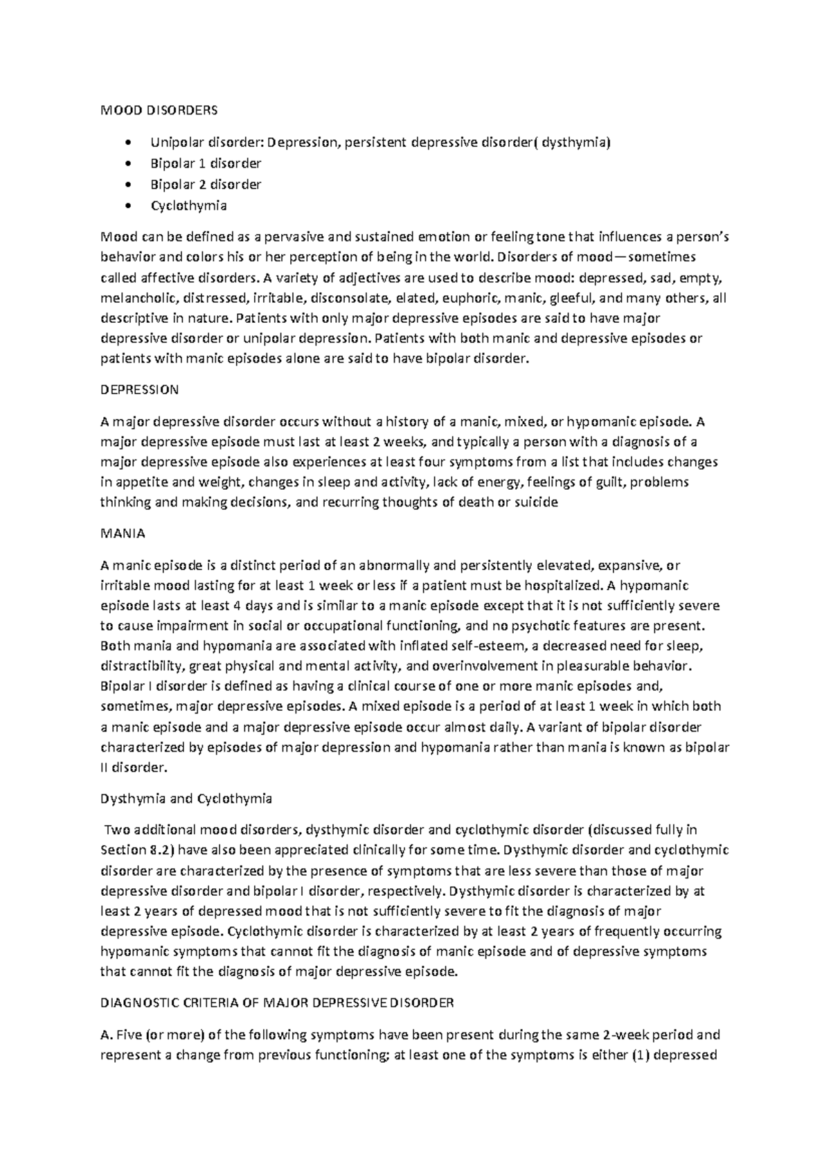 MOOD DISORDERS: Unipolar & Bipolar Disorders Overview - PSY 101 Notes ...