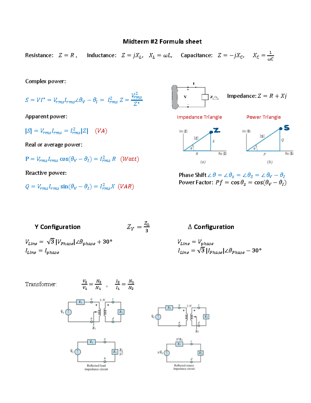 METE 2020U Midterm 2 Formula Sheet: Resistance, Inductance, Capacitance ...