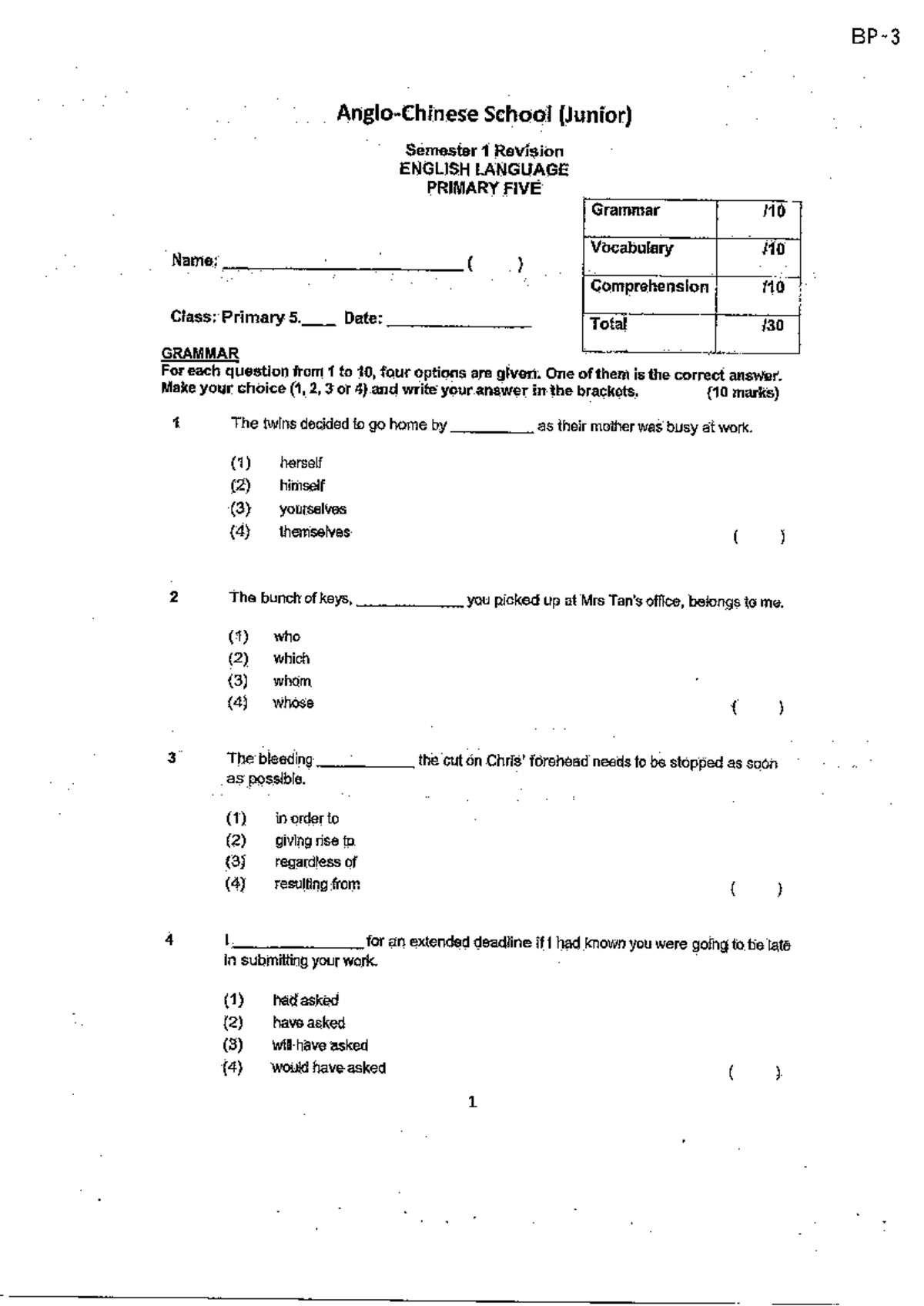 P5 English 2024 WA1 Revision: Grammar & Comprehension Practice - Studocu