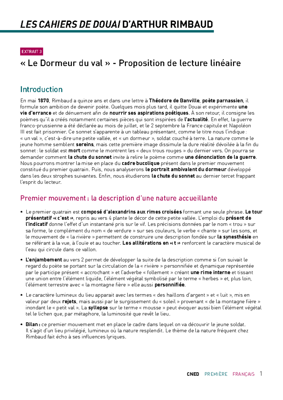 Lecture linéaire de « Le Dormeur du val » - CNED Première Français 1 ...