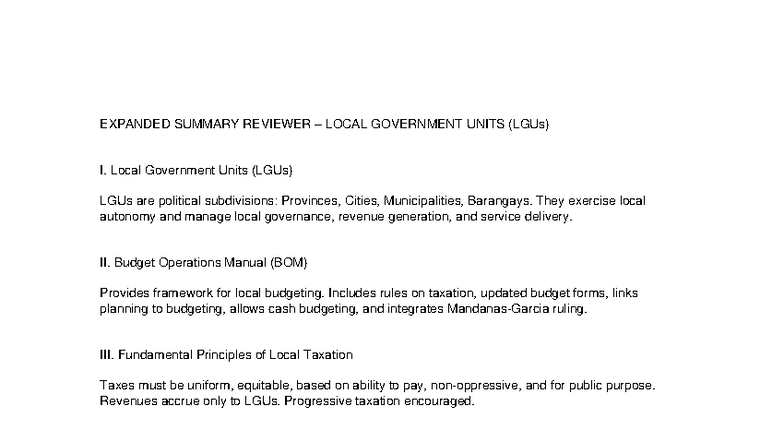 LGU Expanded Reviewer: Local Government Units & Budgeting Principles ...