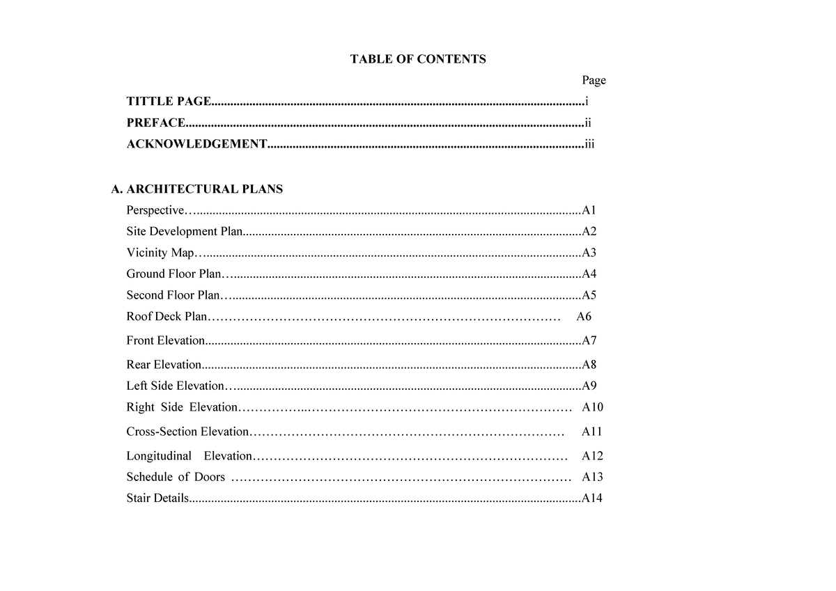 Table of Contents for BSD Architectural Plans and Structural Details ...